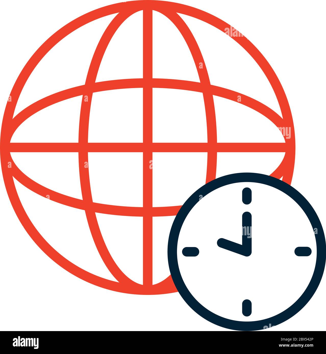 clock and global sphere icon over white background, half line half ...