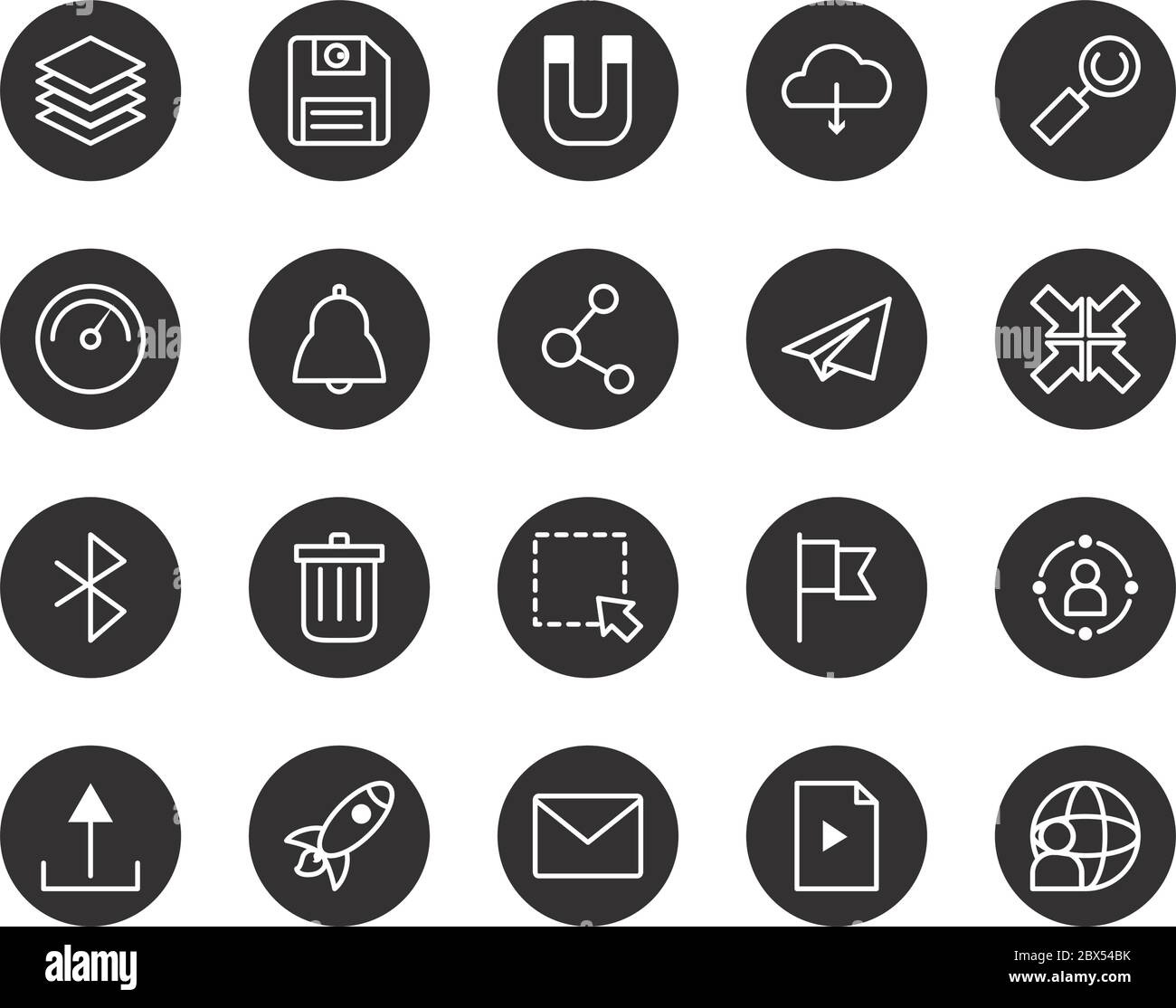 global sphere and user interface icon set over white background, block ...