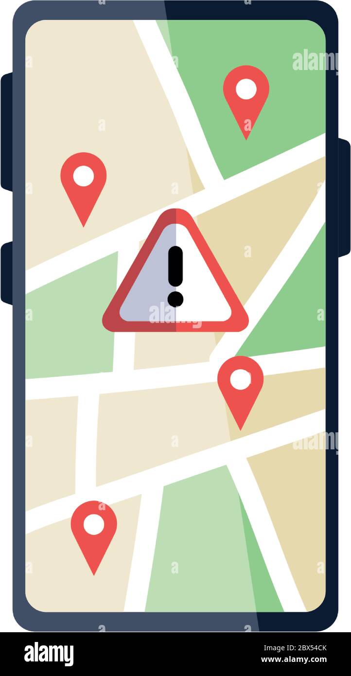 Isolated gps marks on smartphone with warning banner vector design ...
