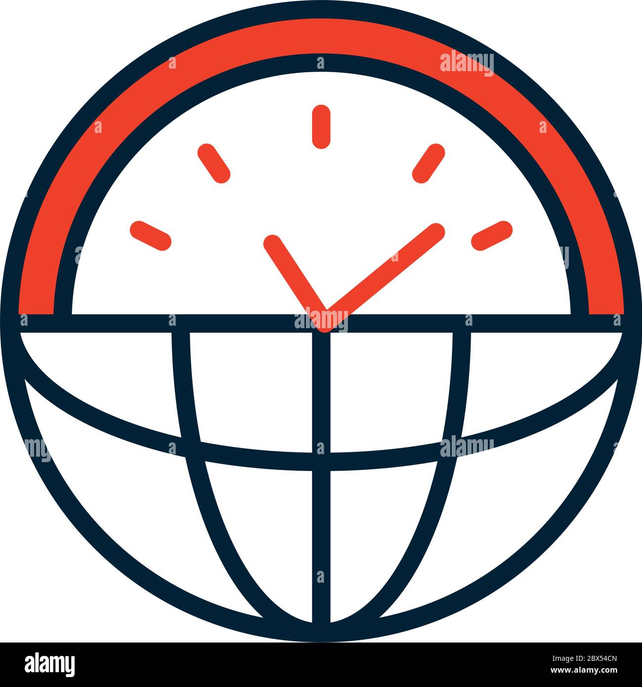 half global sphere and half clock icon over white background, half line ...