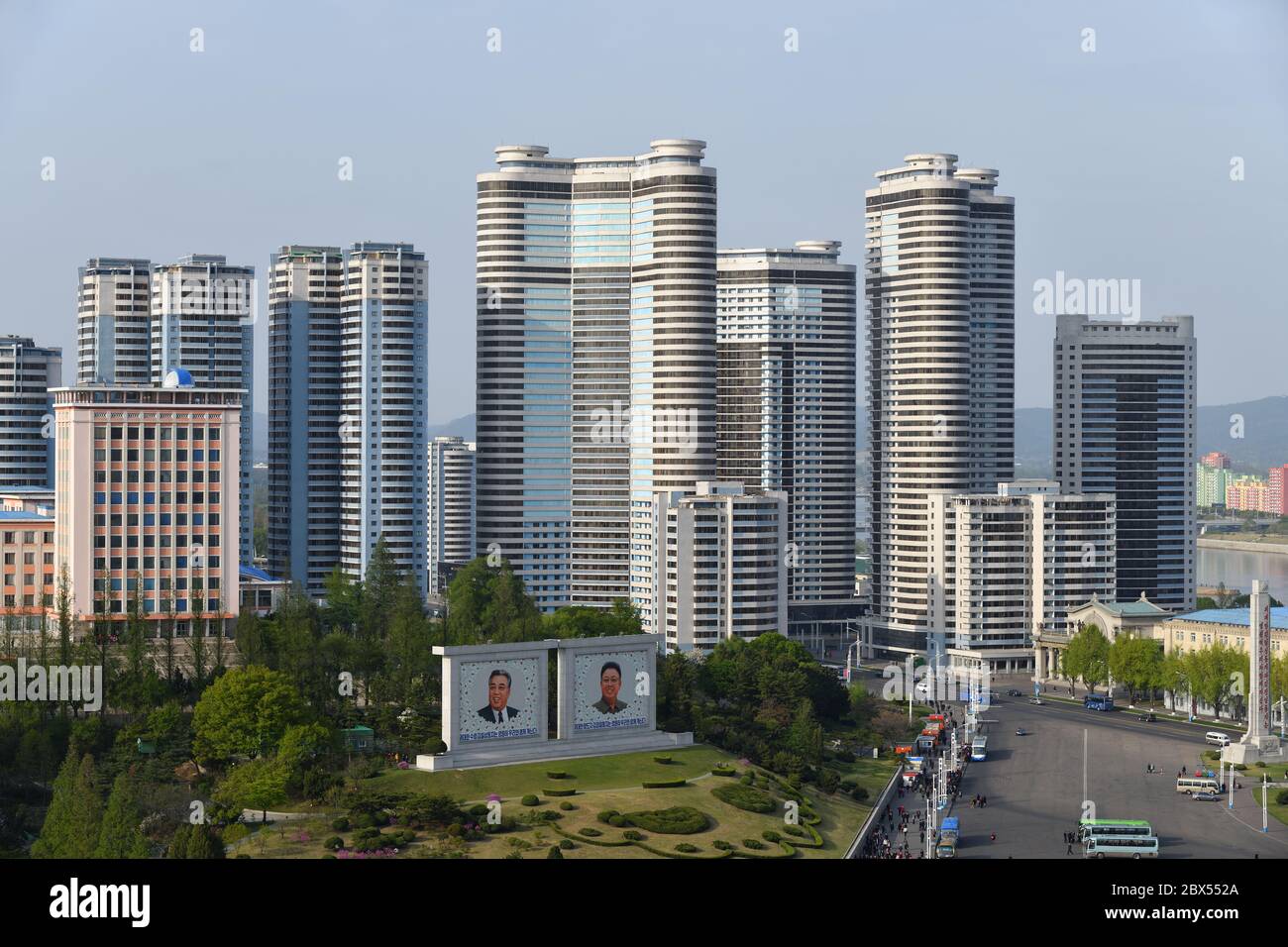 Pyongyang, North Korea - May 1, 2019: View of the downtown Pyongyang ...