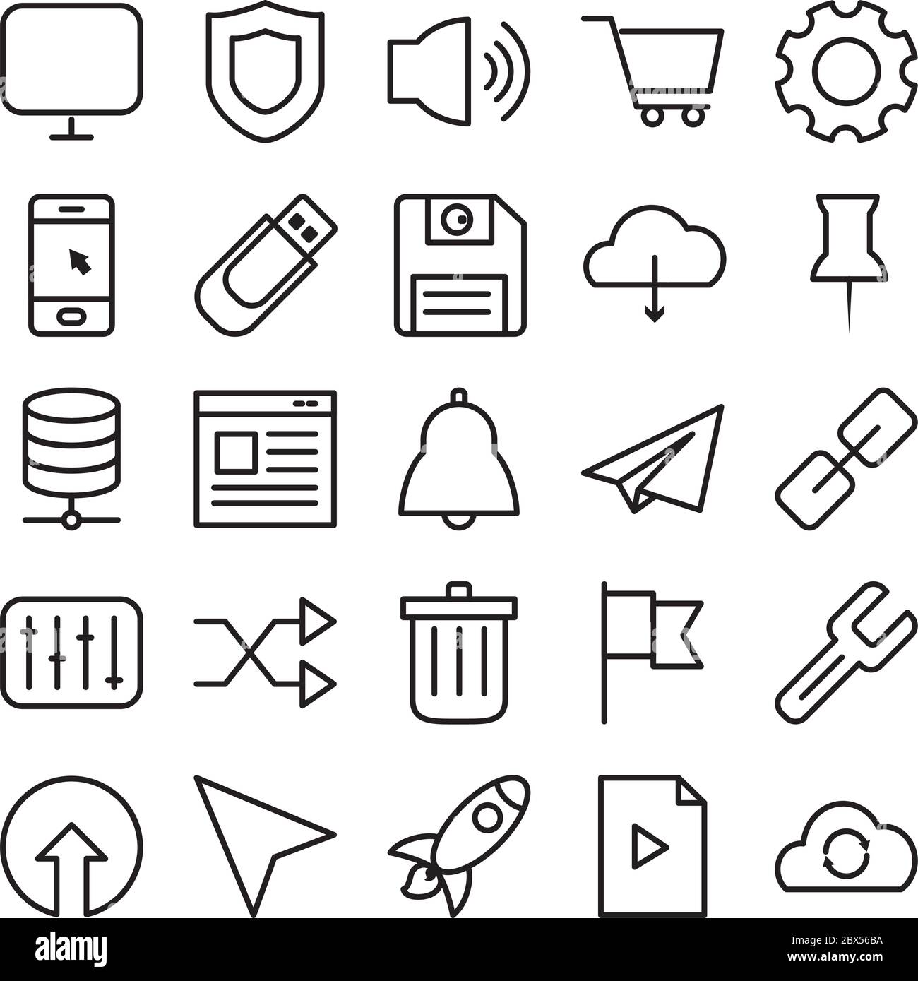 gear wheel and ui or ux icon set over white background, line style ...