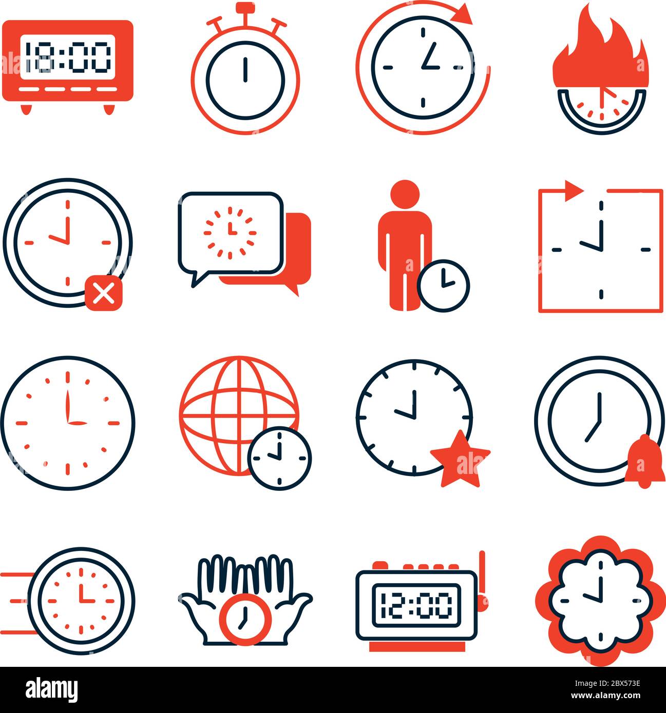 digital clock and time icon set over white background, half line half ...
