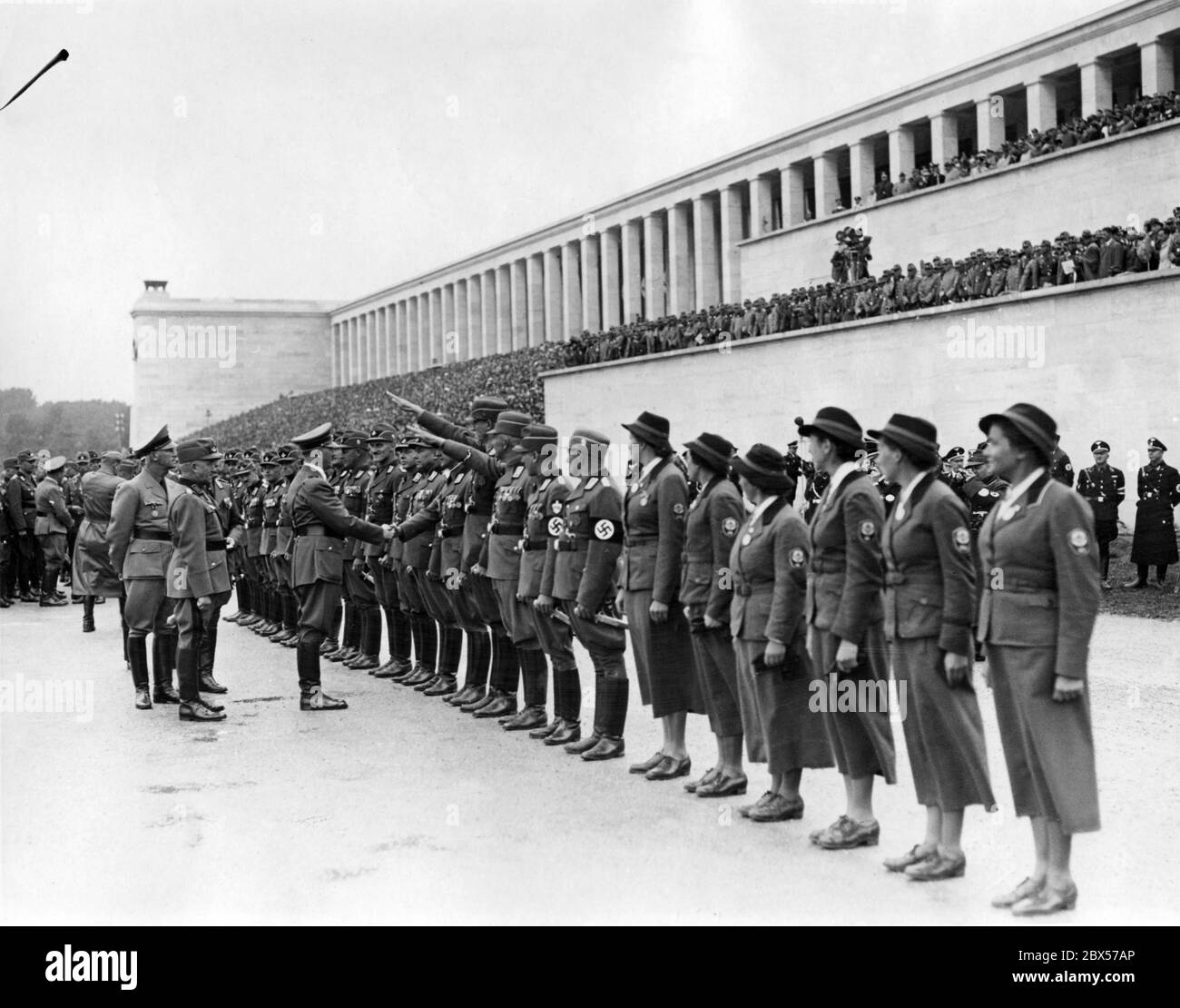 Adolf Hitler greets the Reich Labor Service leaders on the Zeppelin ...