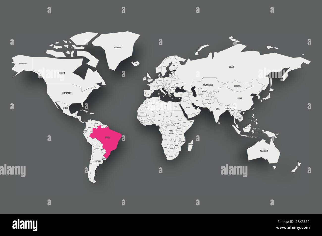 Brazil pink highlighted in map of World. Light grey simplified map with ...