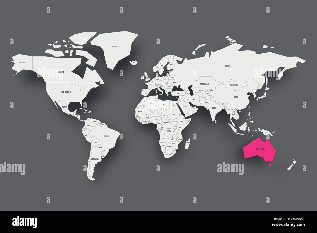 Australia pink highlighted in map of World. Light grey simplified map ...