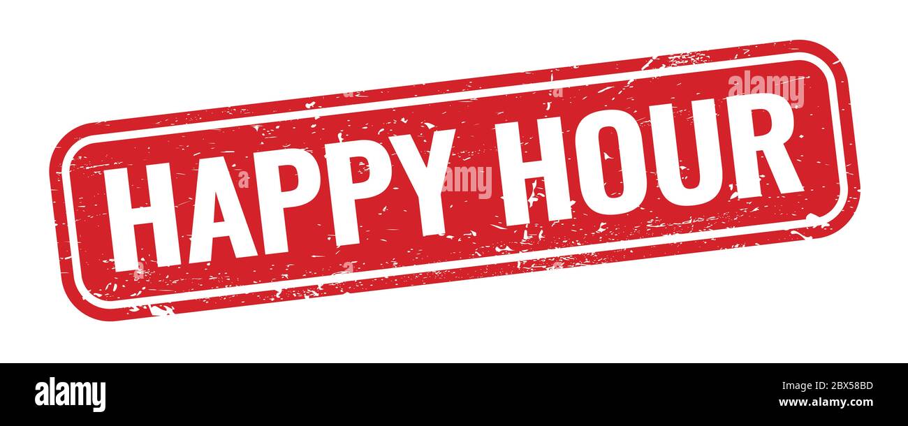 HAPPY HOUR red rectangle stamp Stock Photo - Alamy