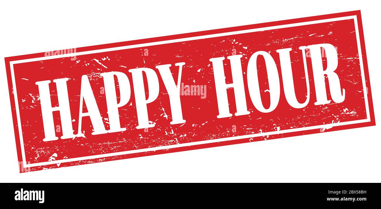 HAPPY HOUR red rectangle stamp Stock Photo - Alamy