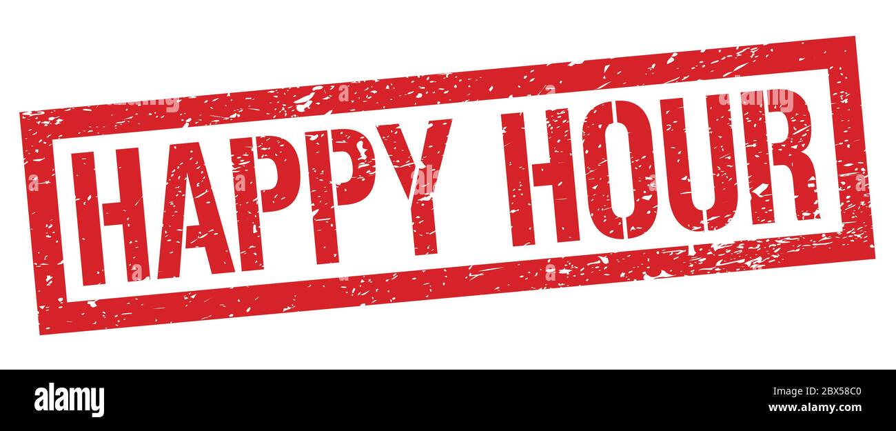 HAPPY HOUR red rectangle stamp Stock Photo - Alamy