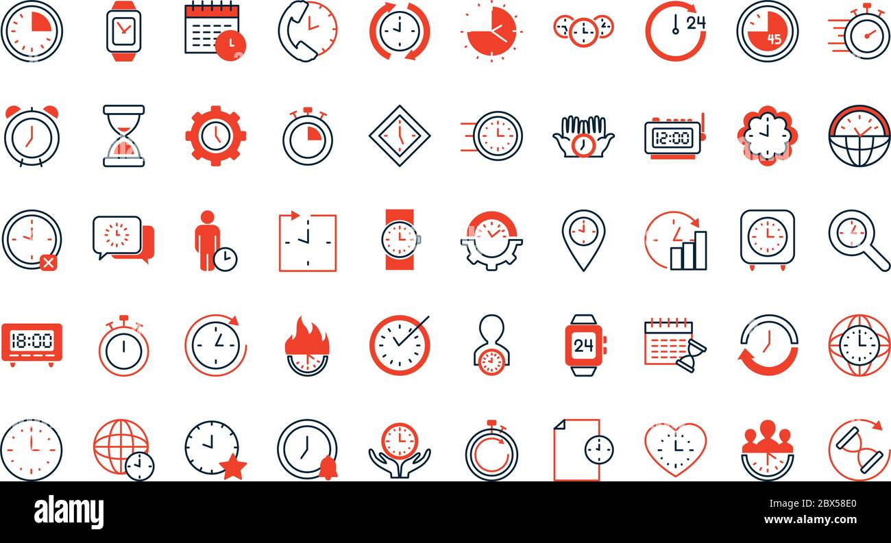 clock and date icon set over white background, half line half color ...