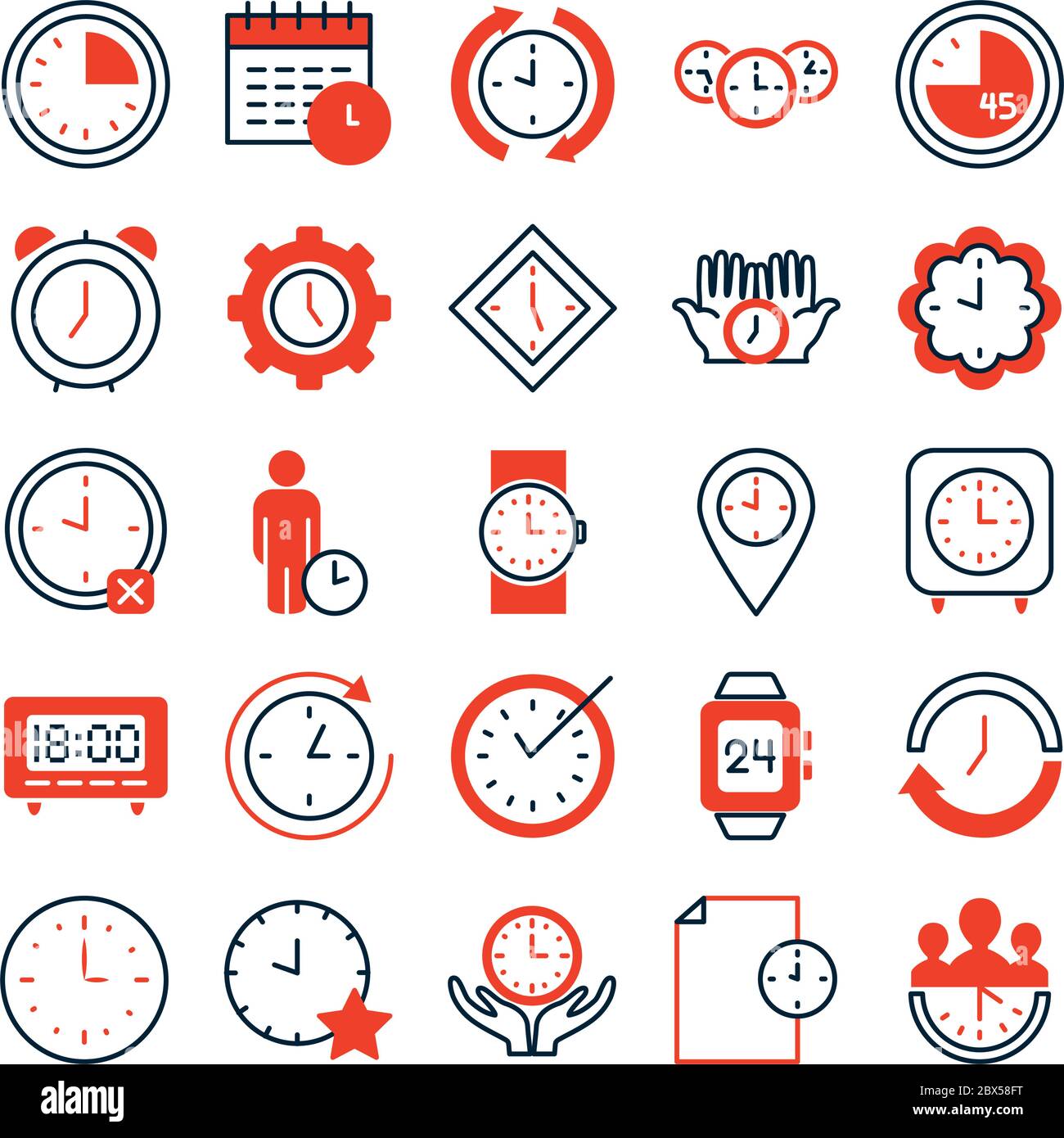 global sphere and clock time icon set over white background, half line ...