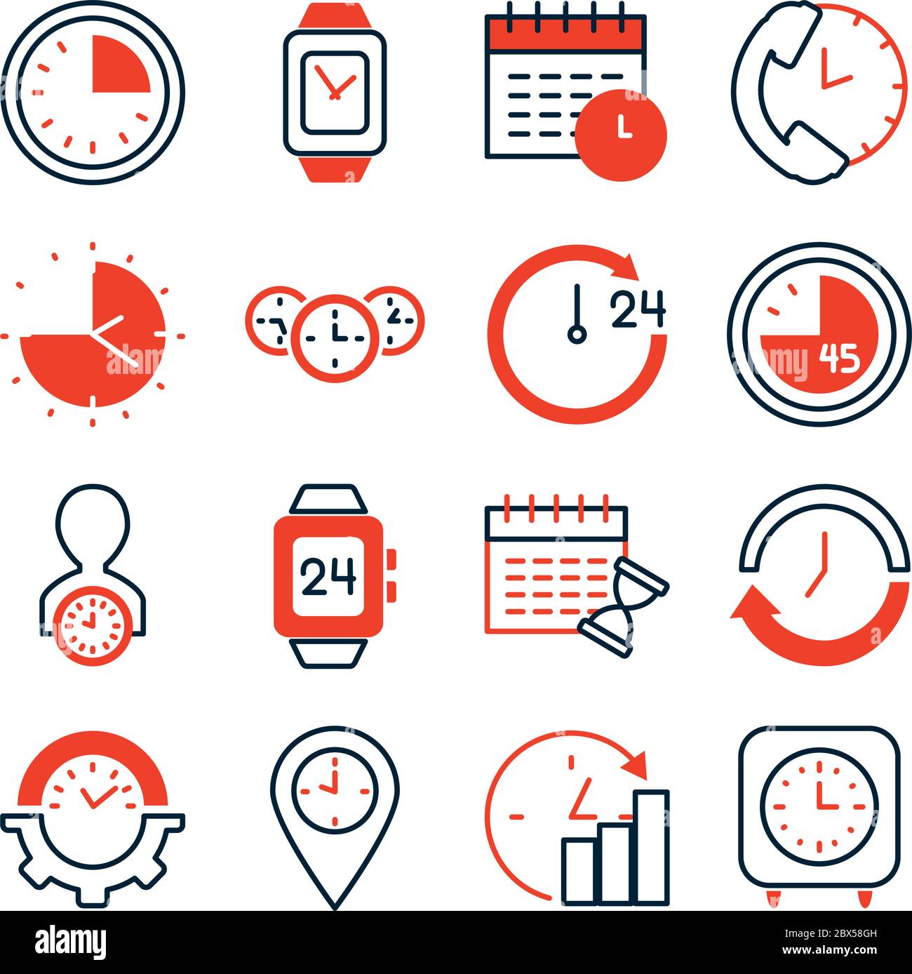 phone symbol and clock time icon set over white background, half line ...