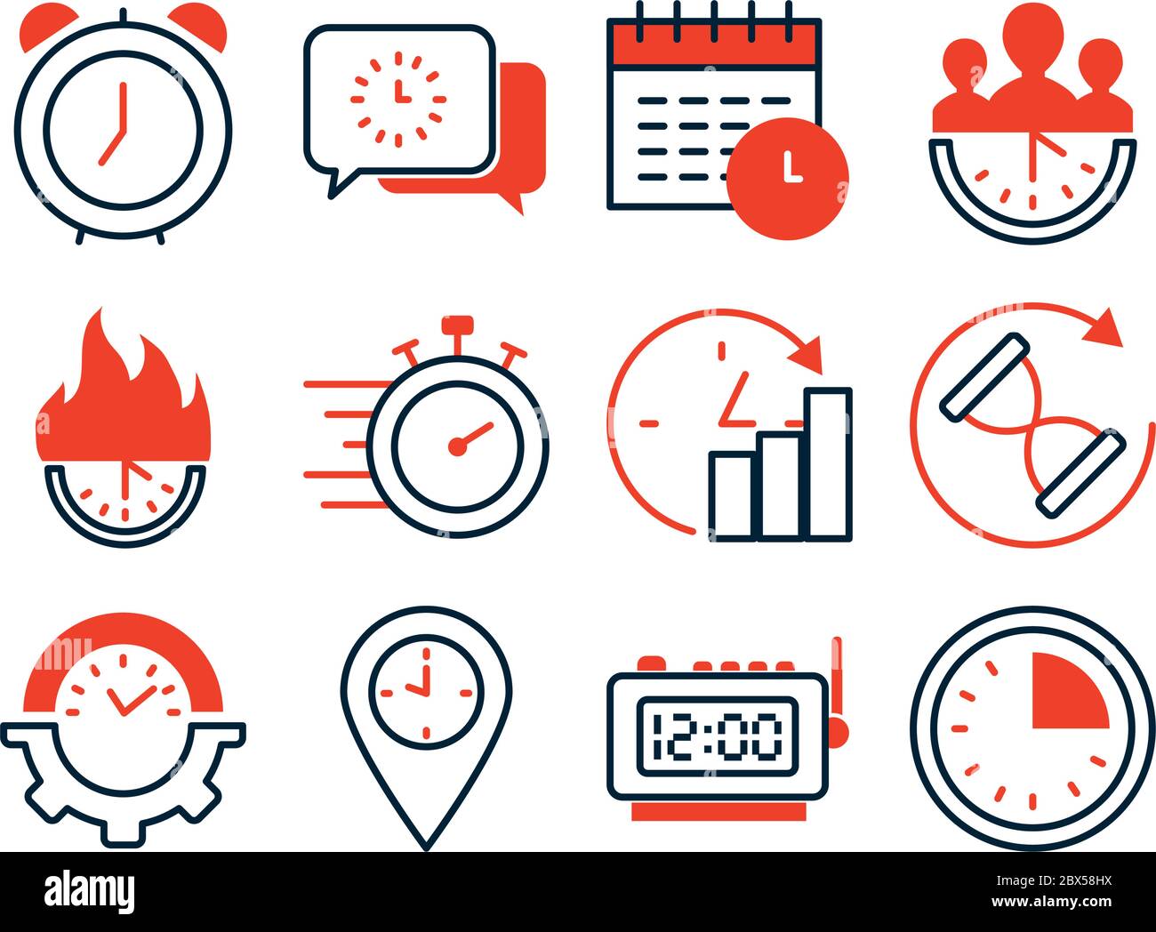 location pin and clock time icon set over white background, half line ...