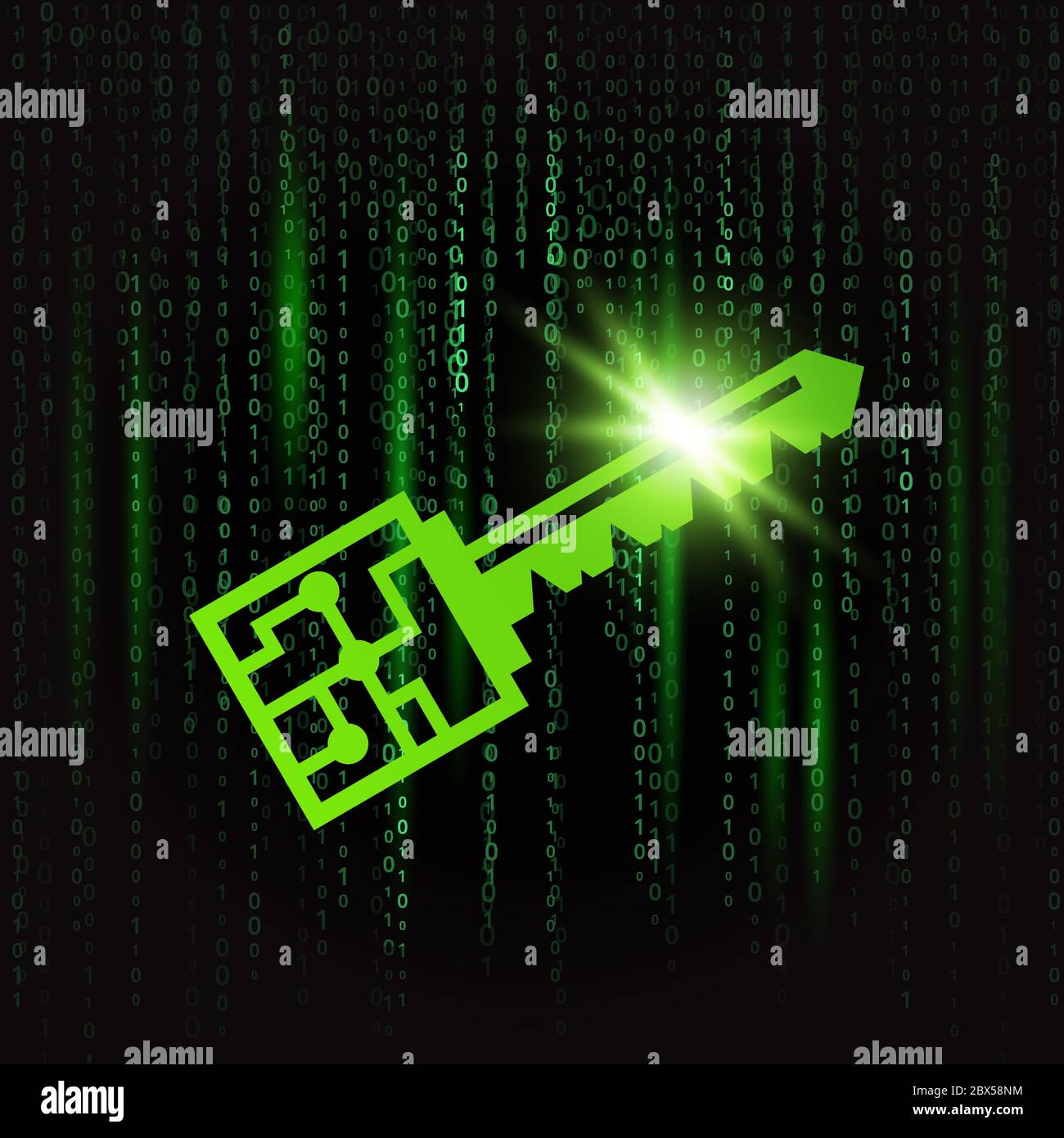 green sparkling key on a background of green binary code Matrix Stock ...