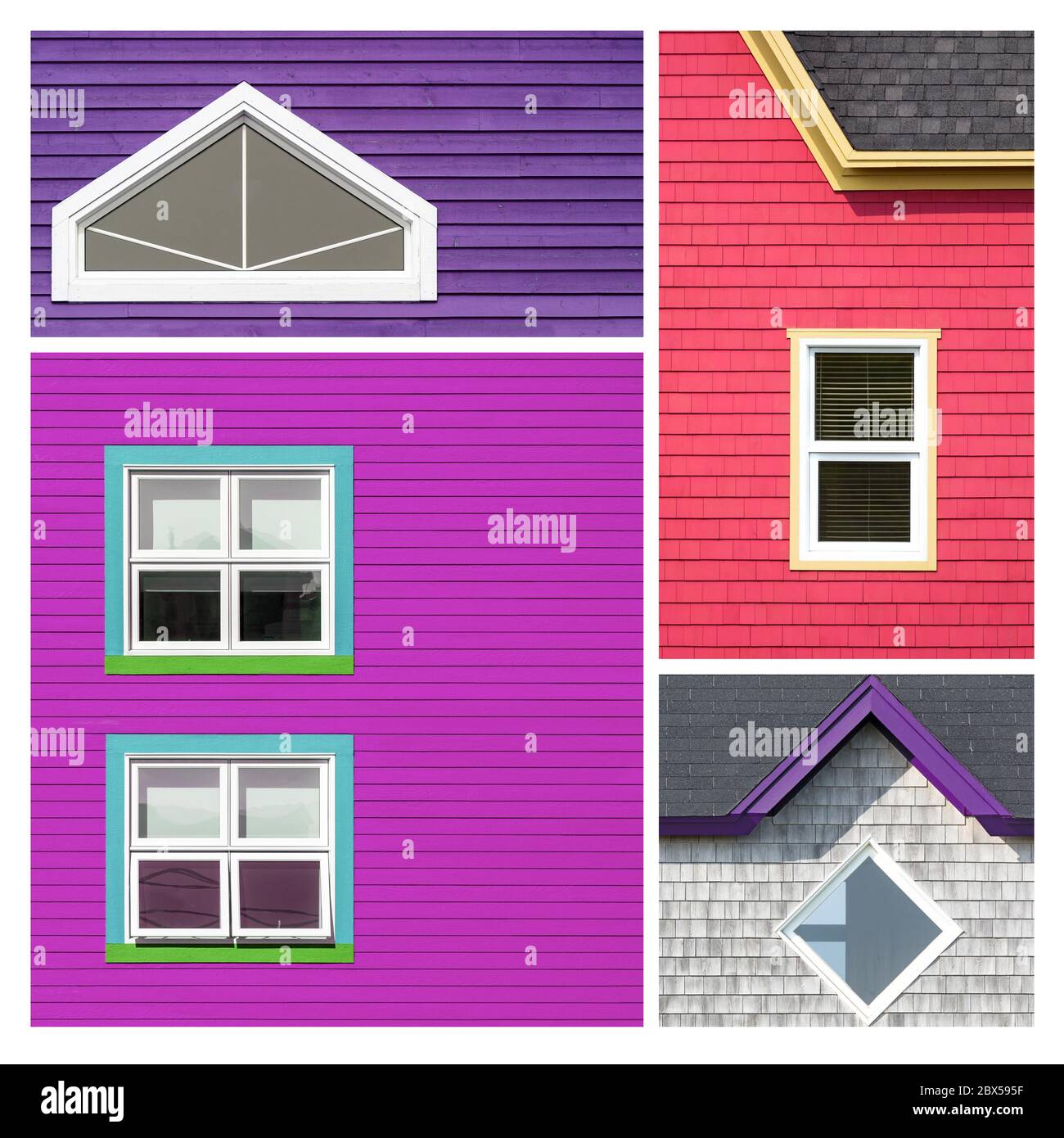 Window collage in pink and purple tones. Coloured windows and shingle ...
