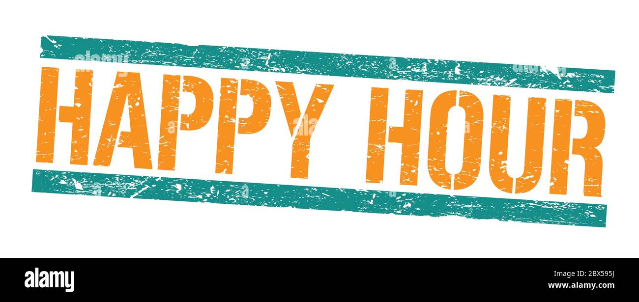 HAPPY HOUR orange blue rectangle stamp Stock Photo - Alamy