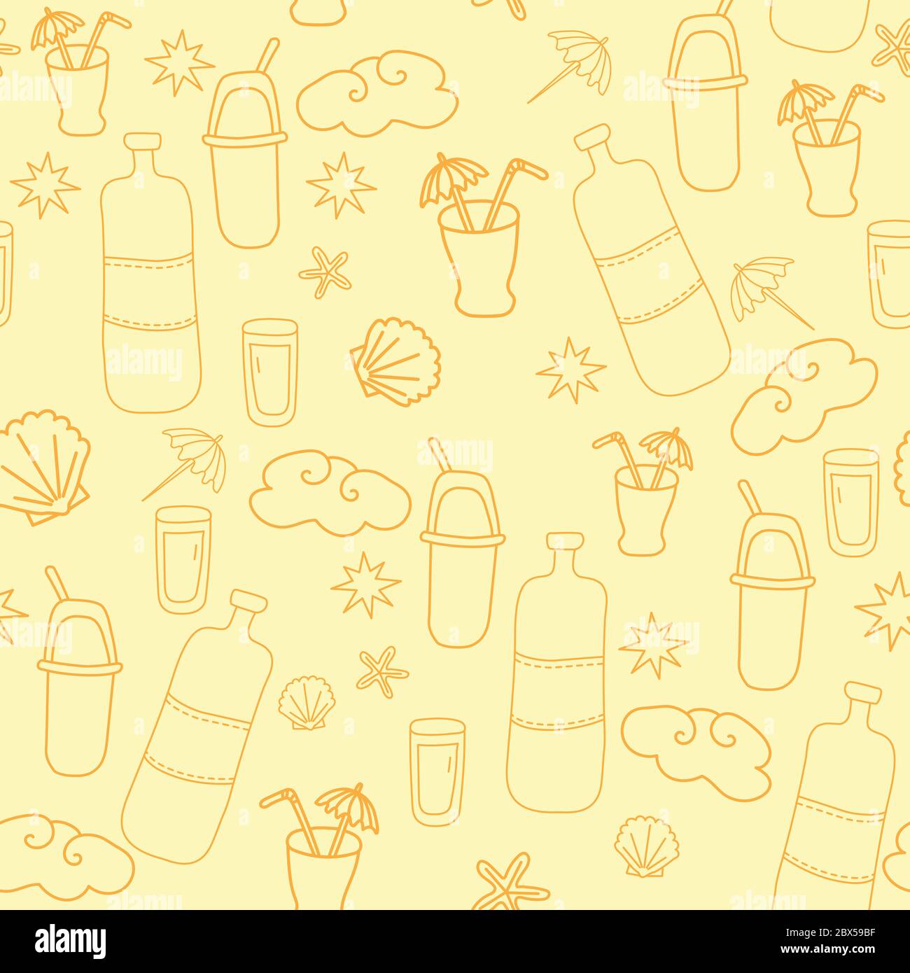 Seamless pattern. Yellow light background with shells, cocktails and a ...