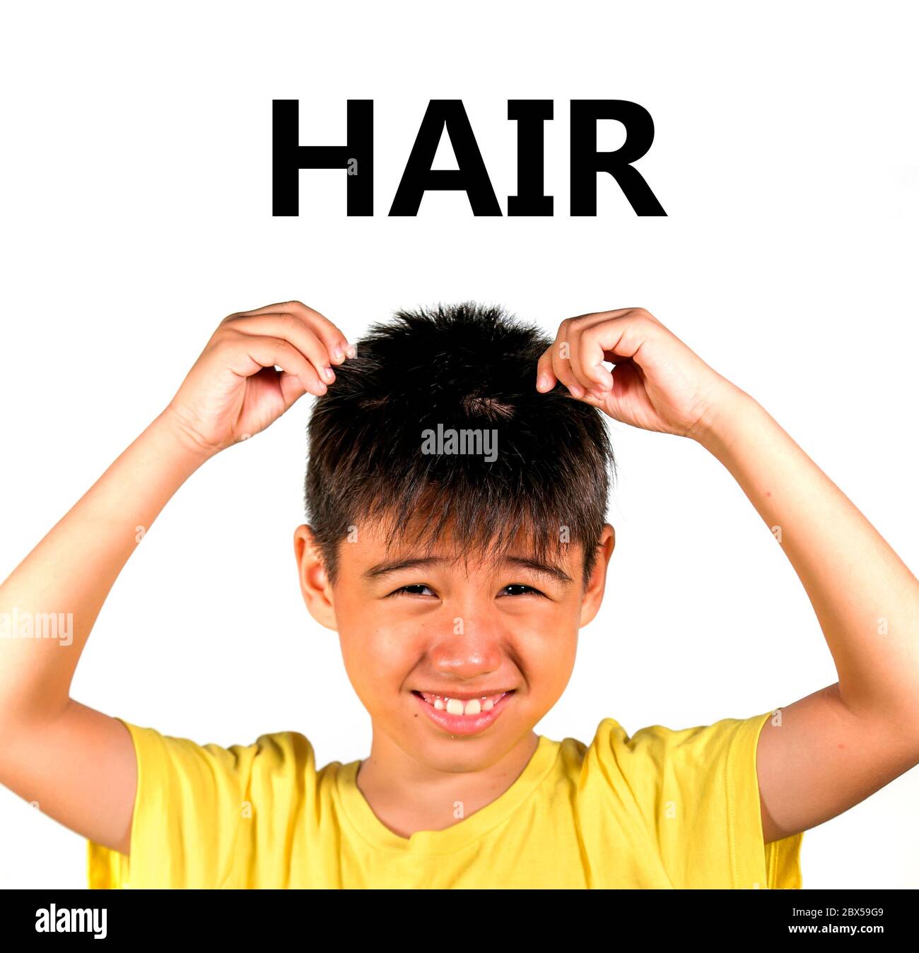 English language learning card child holding his hair with his fingers ...