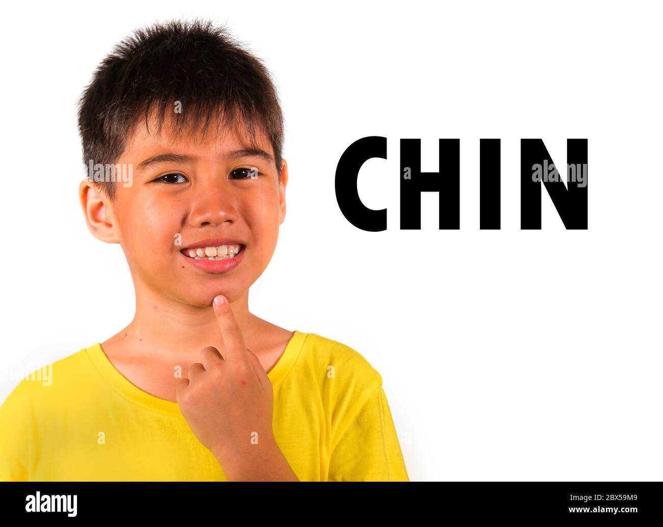 English language learning card with 8 years old child pointing with ...