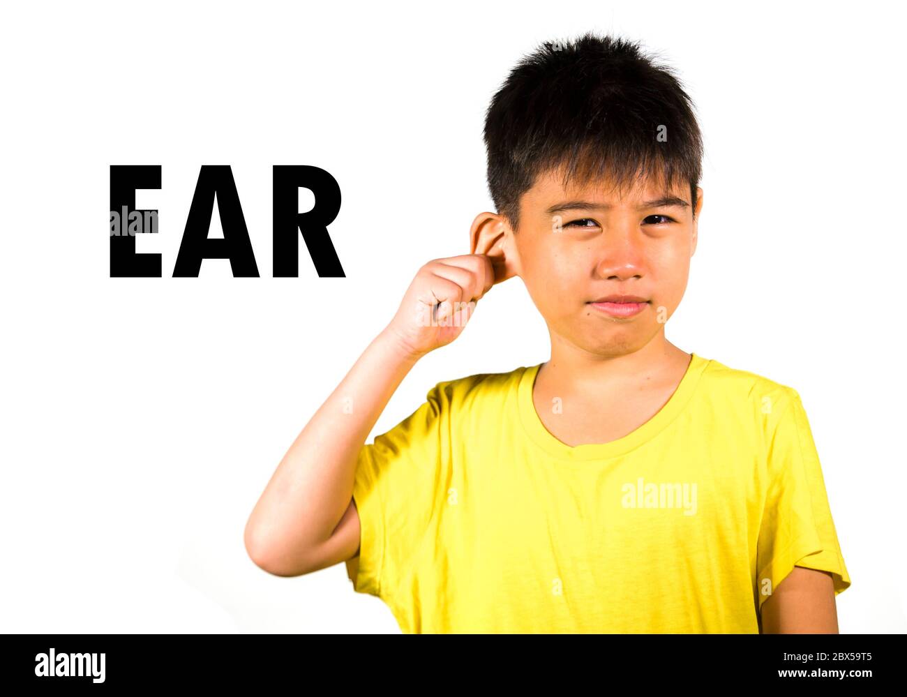 English language learning card with portrait of 8 years old child ...