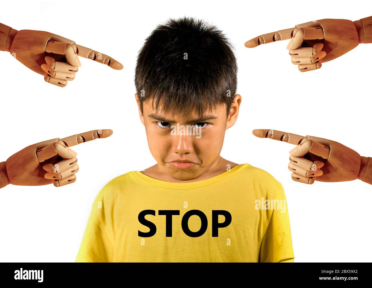 group of wood hands pointing finger to young sad and stressed schoolboy ...