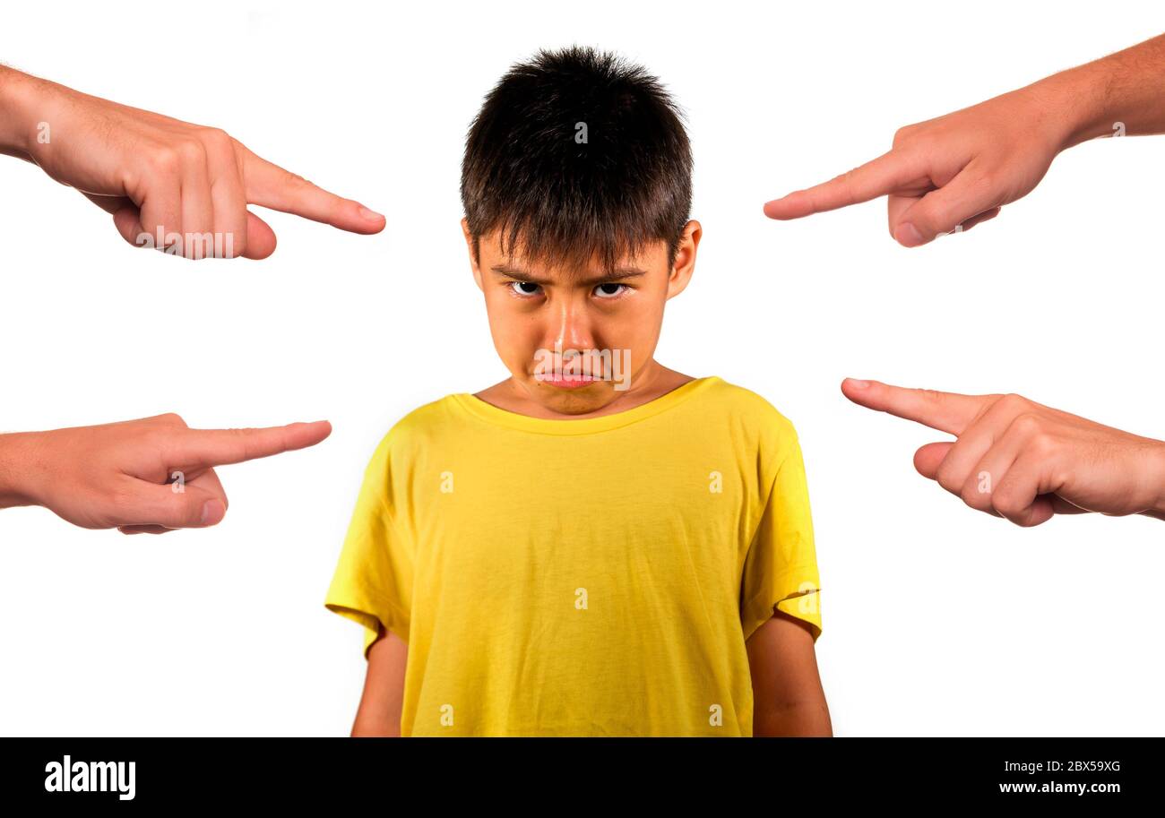 group of hands pointing finger to young sad and stressed schoolboy ...