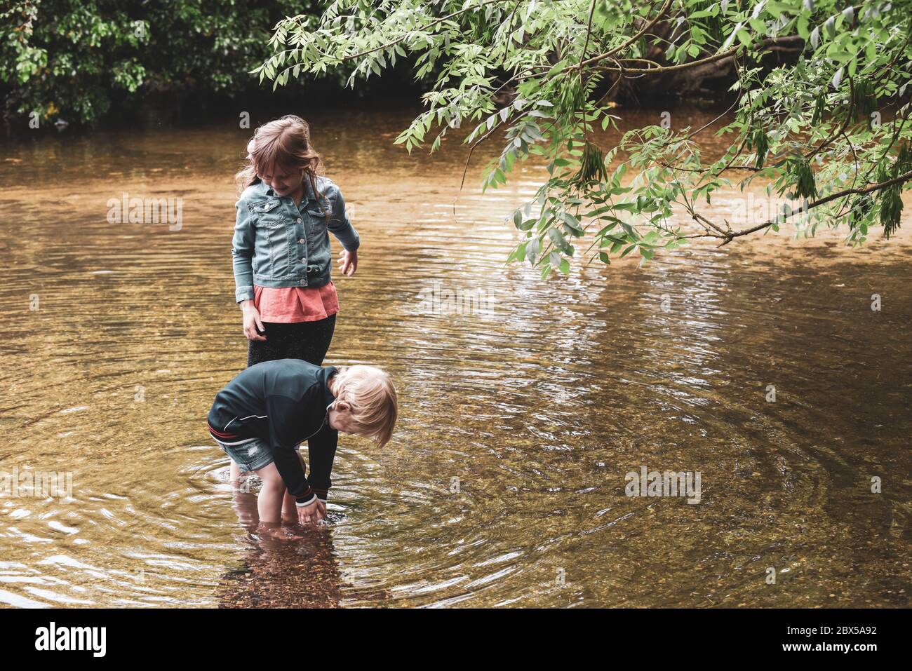 Children playing outside in a shallow stream paddling in the water ...