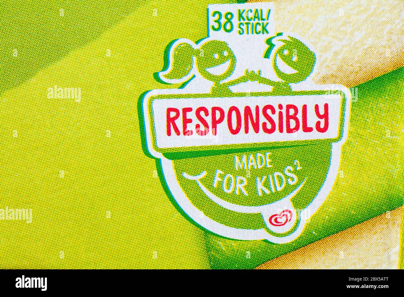 38 kcal/stick responsibly made for kids - detail on box of Twister mini ...