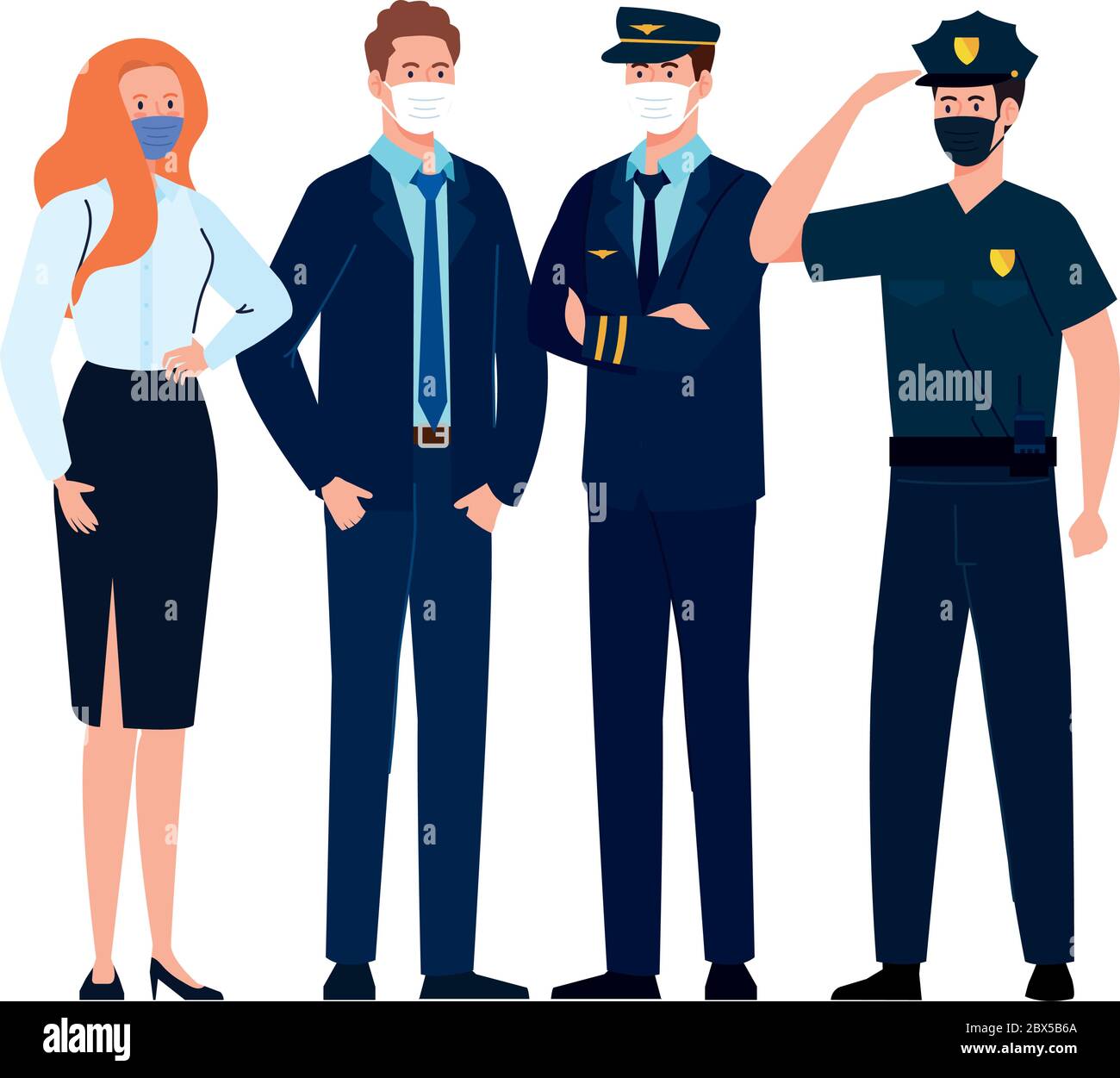 pilot businesspeople and police with masks vector design Stock Vector ...