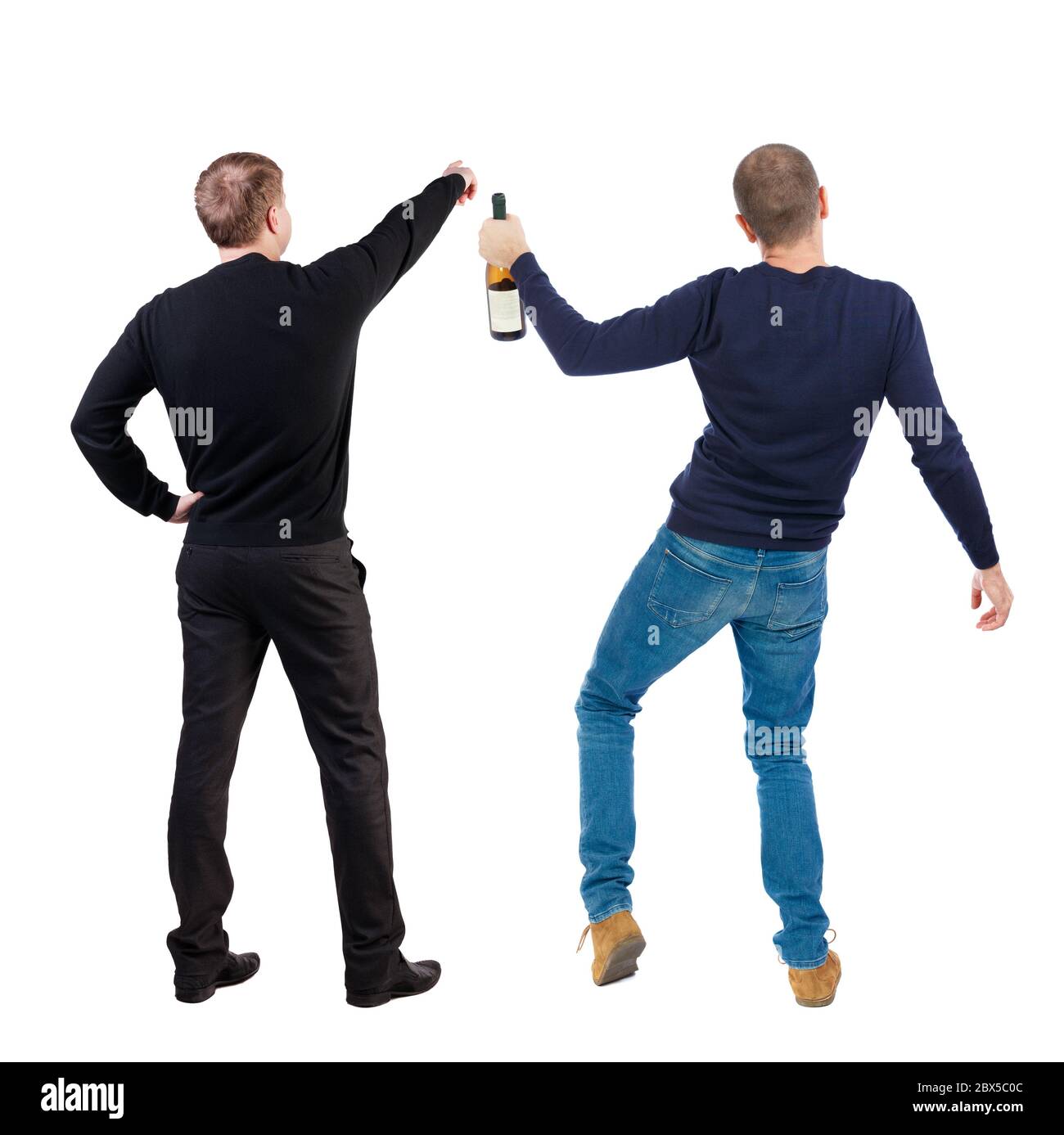 Back view of two man in sweater pointing. Rear view people collection ...
