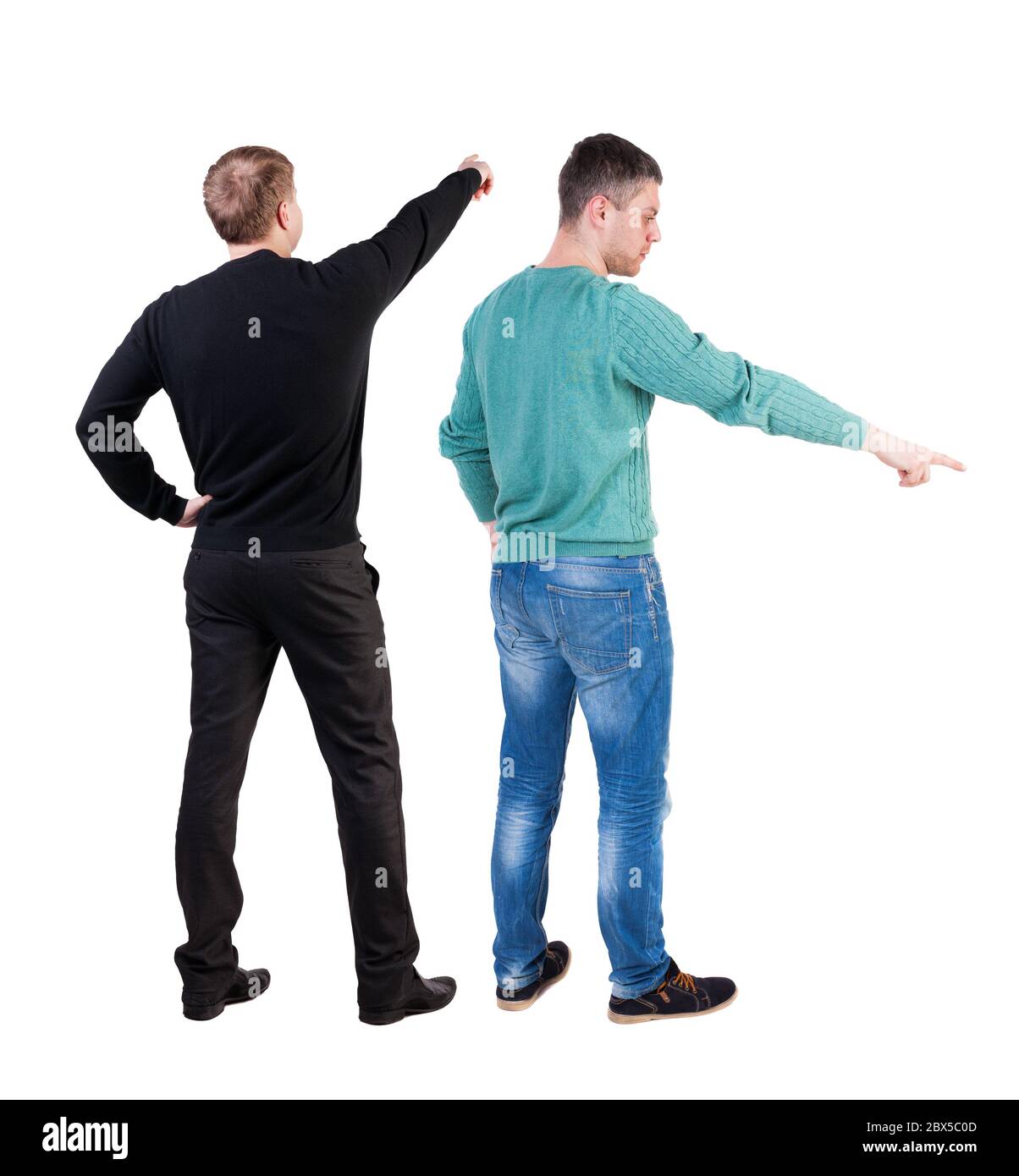Back view of two man in sweater pointing. Rear view people collection ...