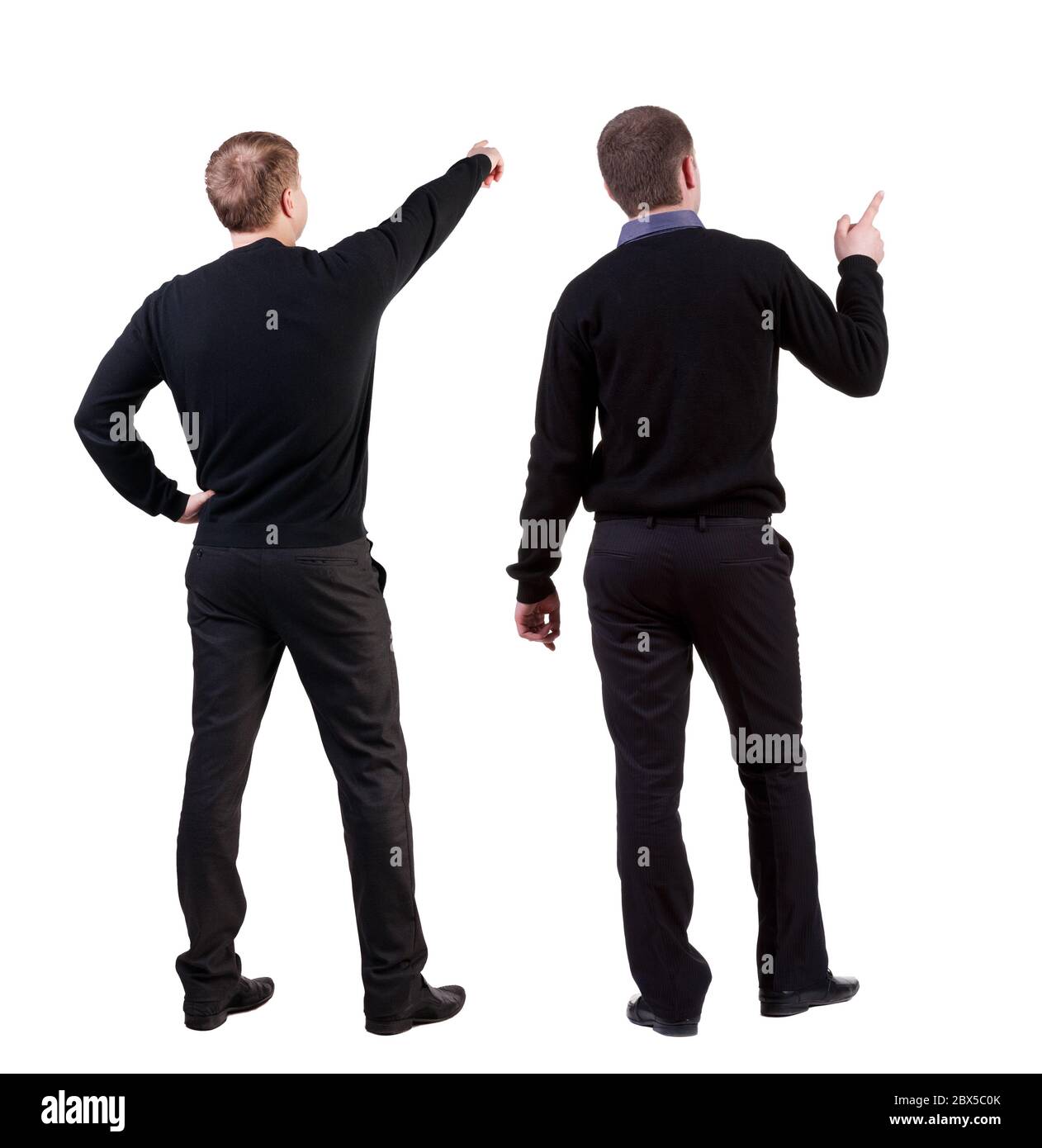 Back view of two man in sweater pointing. Rear view people collection ...