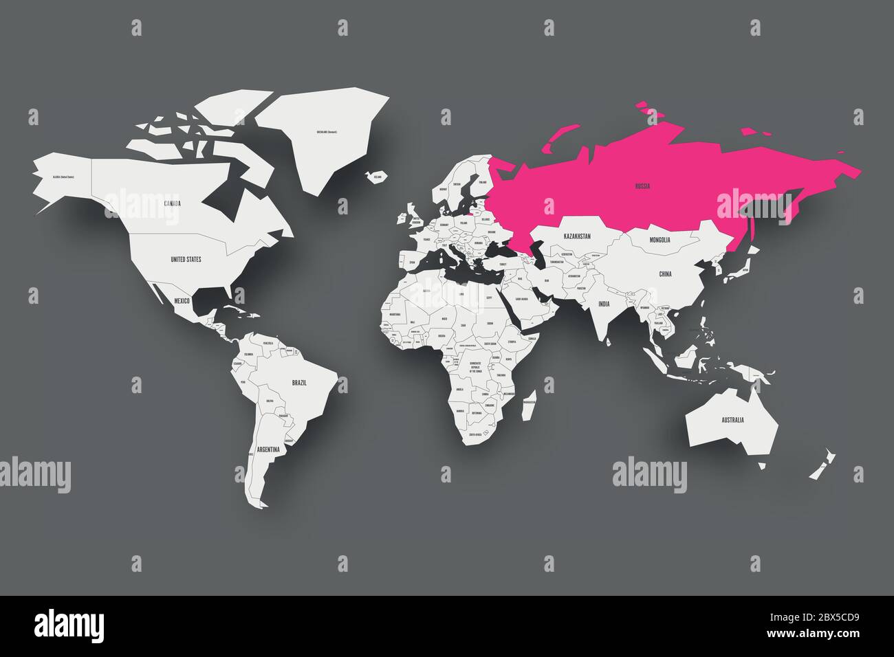 Russia pink highlighted in map of World. Light grey simplified map with ...