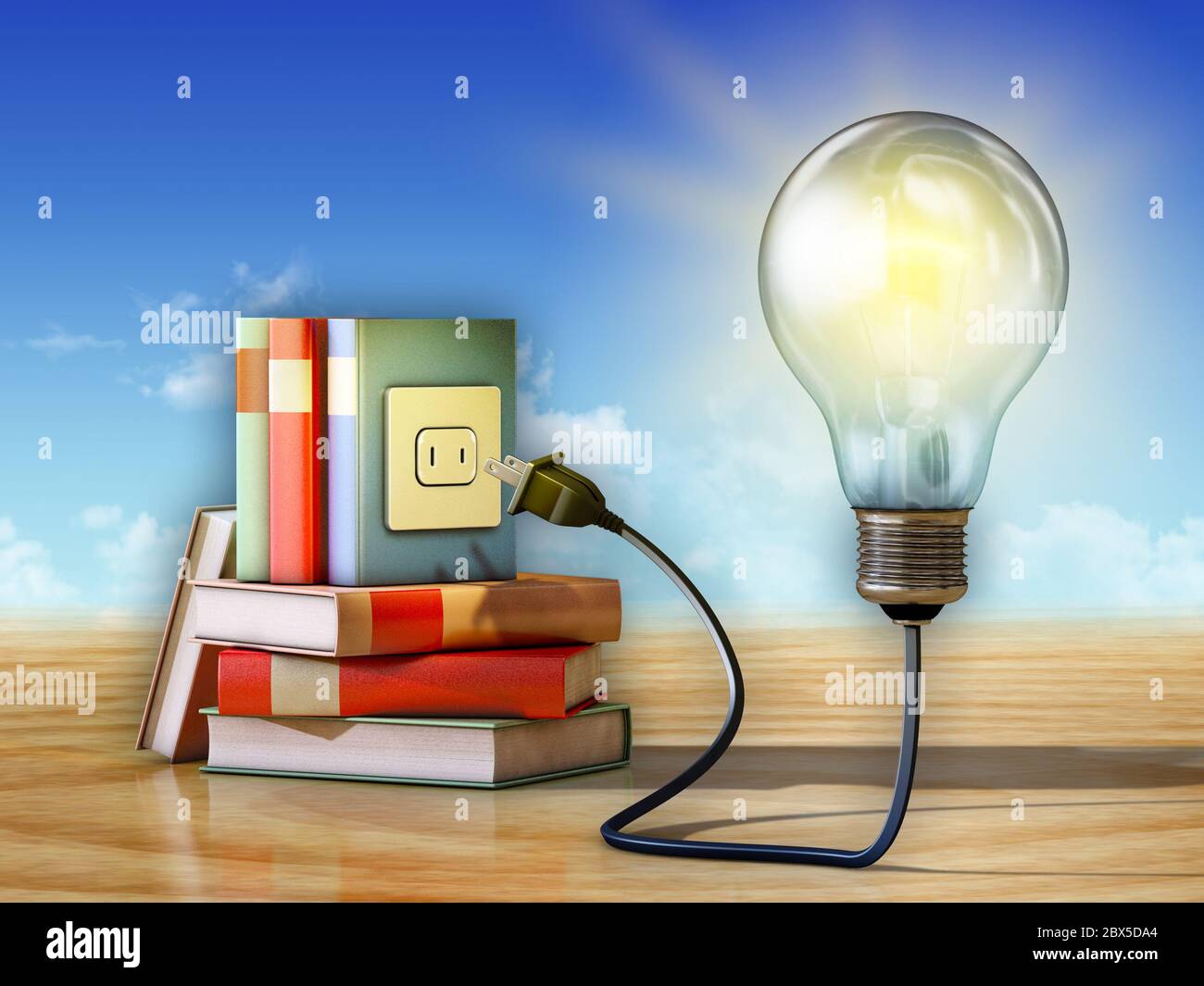 Light bulb and some books. 3D illustration Stock Photo - Alamy