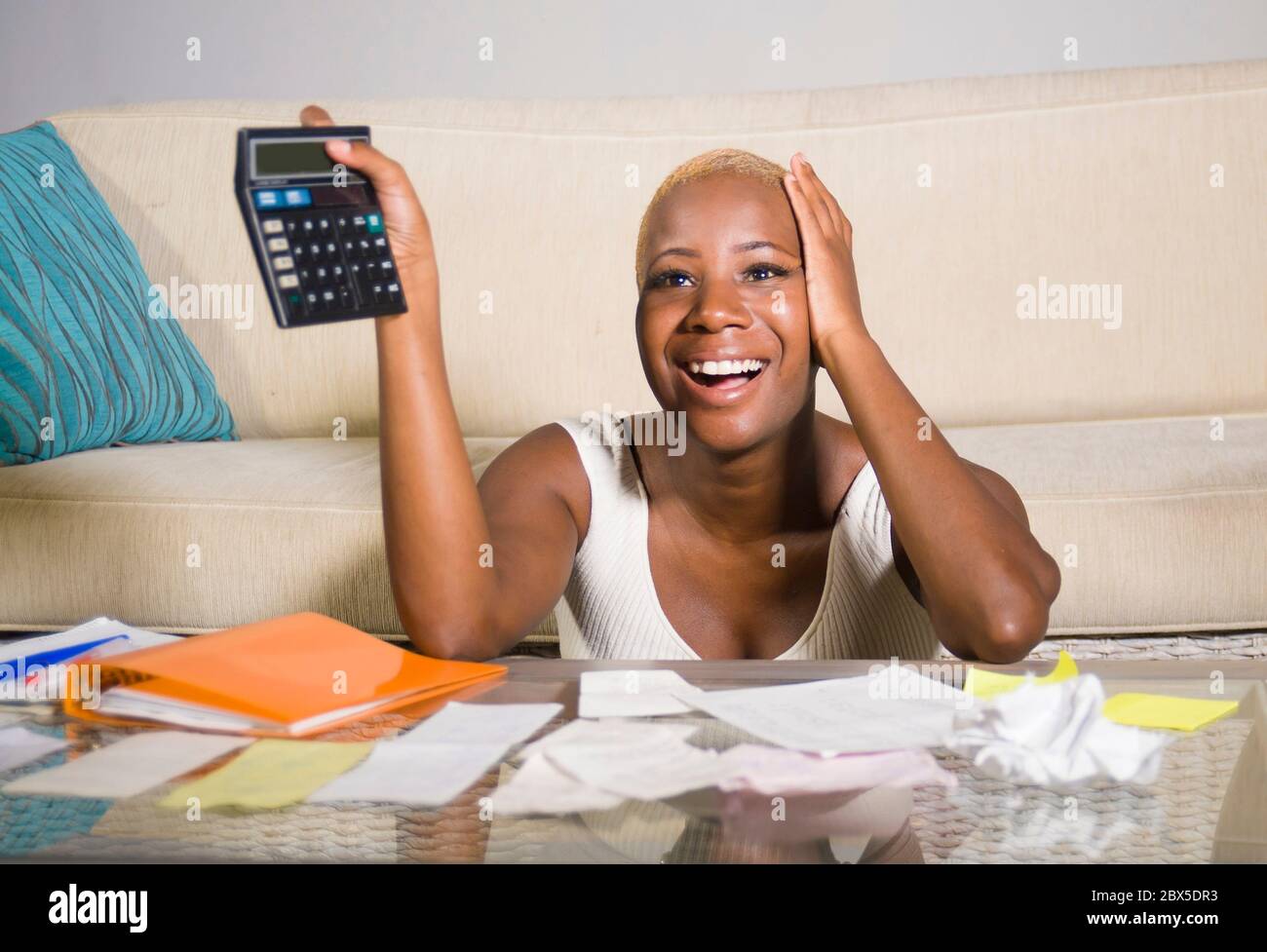young attractive and happy successful black afro American woman smiling ...