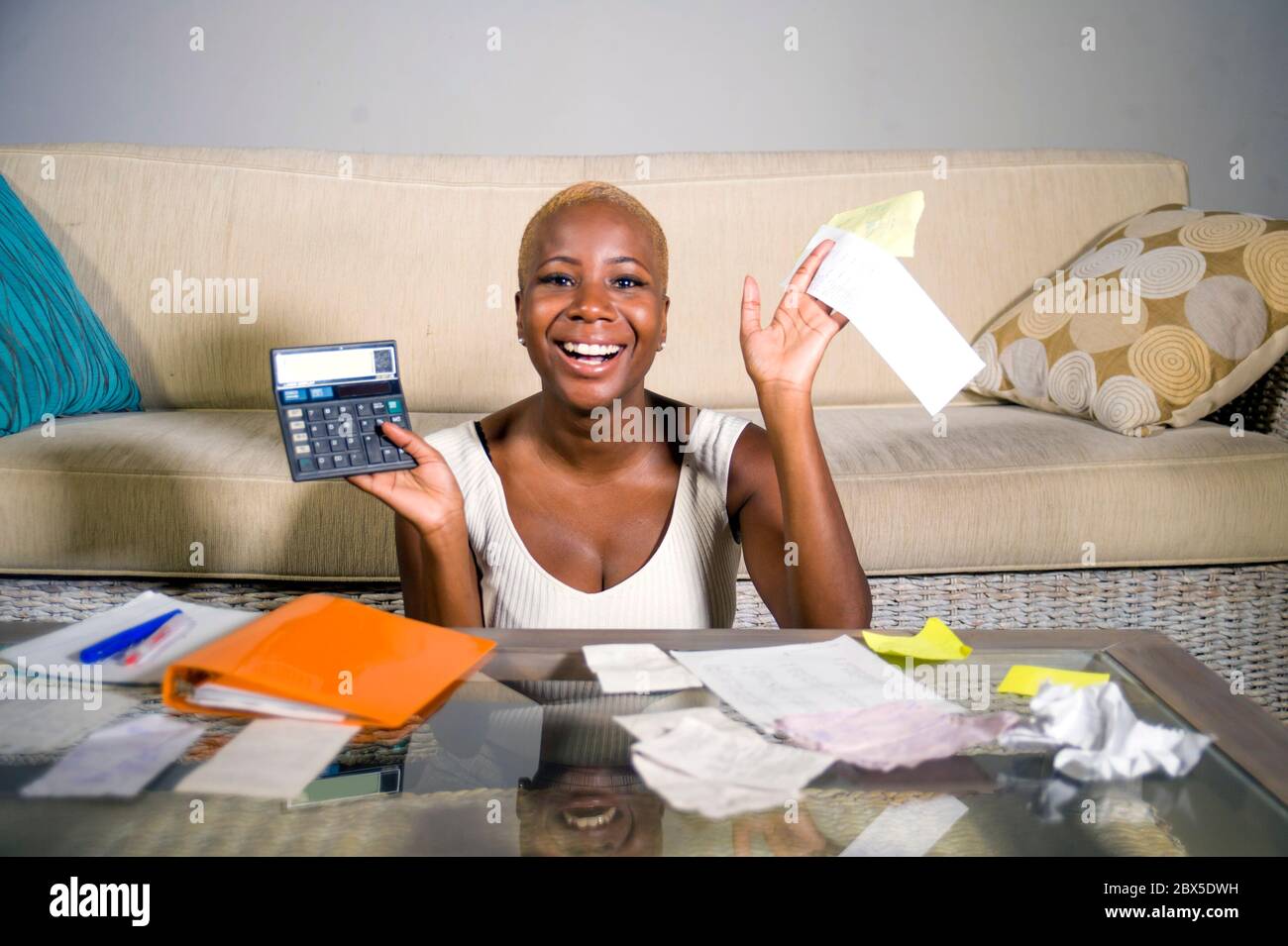 young attractive and happy successful black afro American woman smiling ...