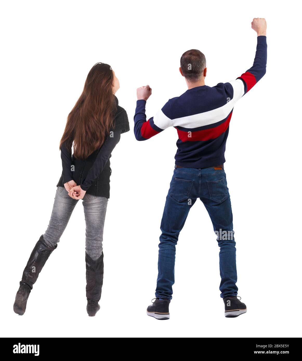 Back view couple in sweater. beautiful man and woman. Rear view people ...