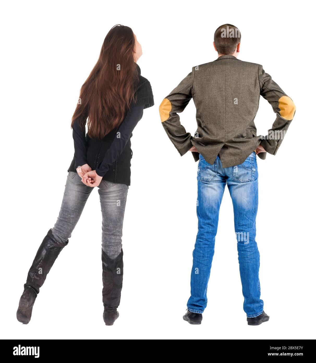 Back view couple in sweater. beautiful man and woman. Rear view people ...
