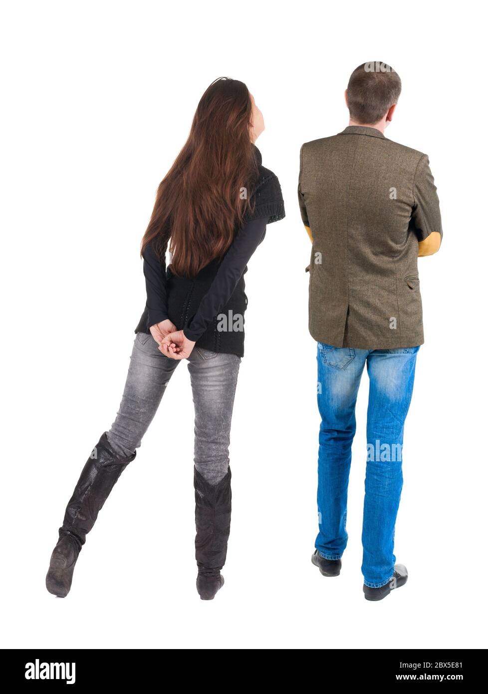 Back view couple in sweater. beautiful man and woman. Rear view people ...