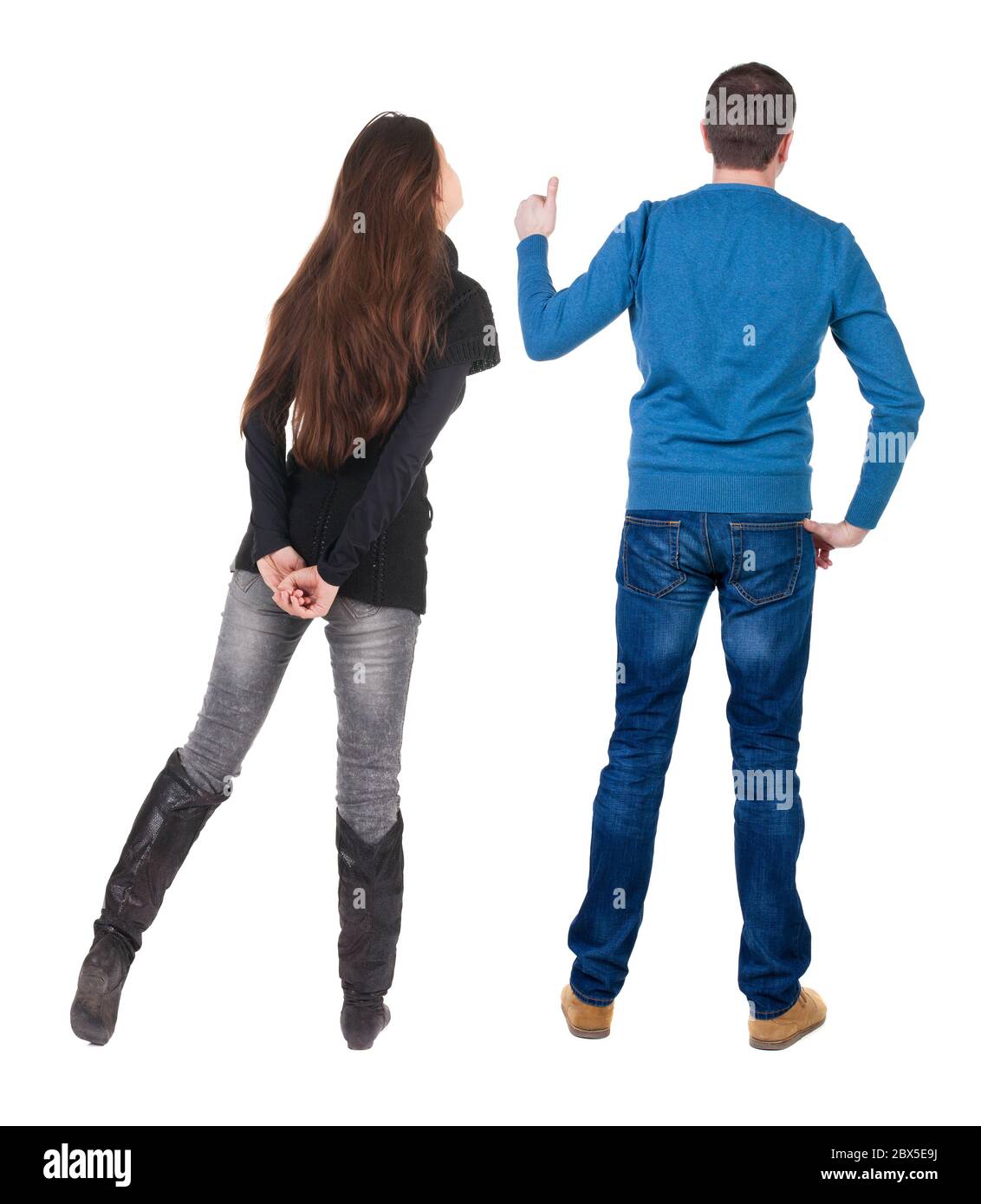 Back view couple in sweater. beautiful man and woman. Rear view people ...