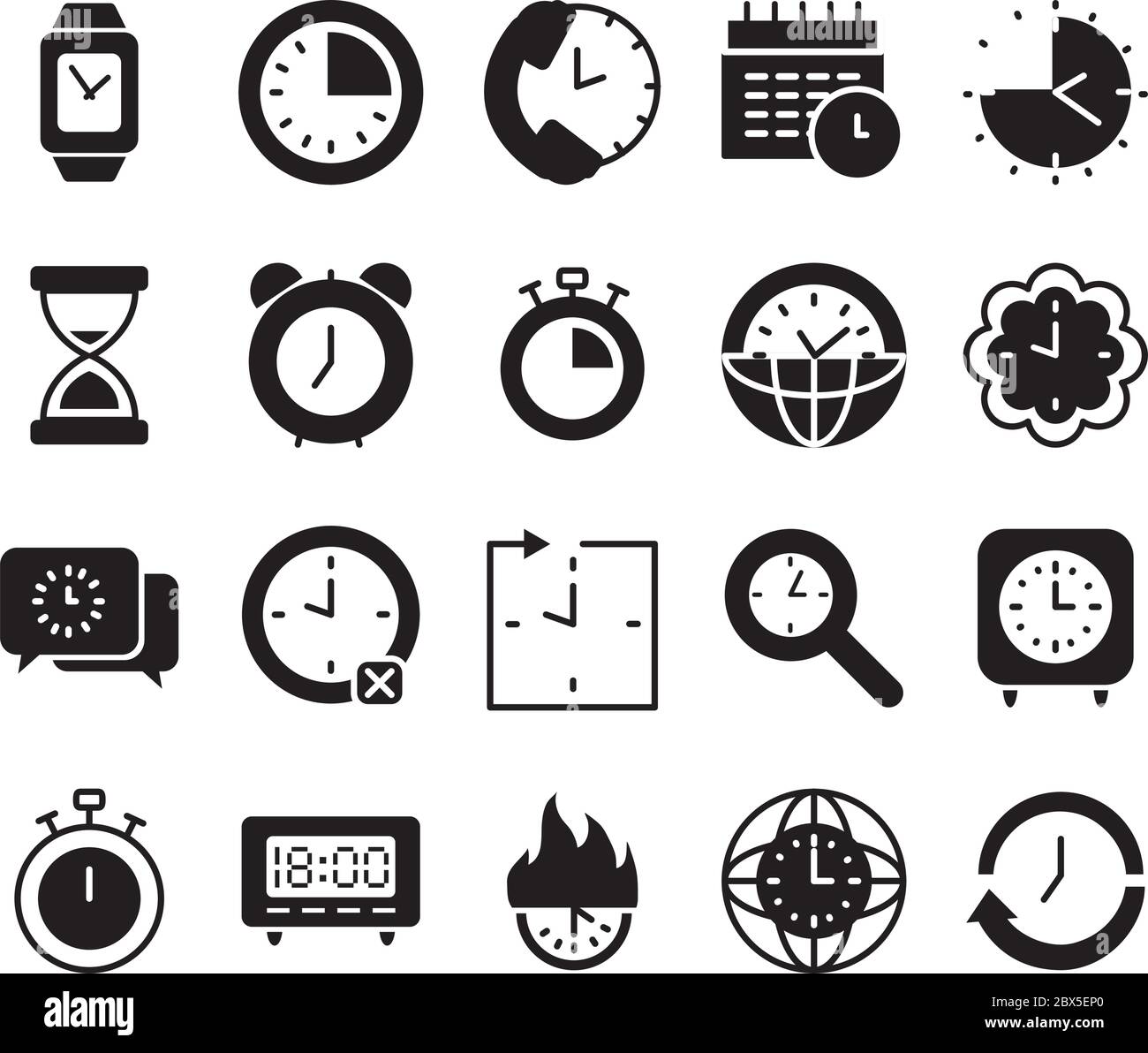 global sphere and clock time icon set over white background, silhouette ...