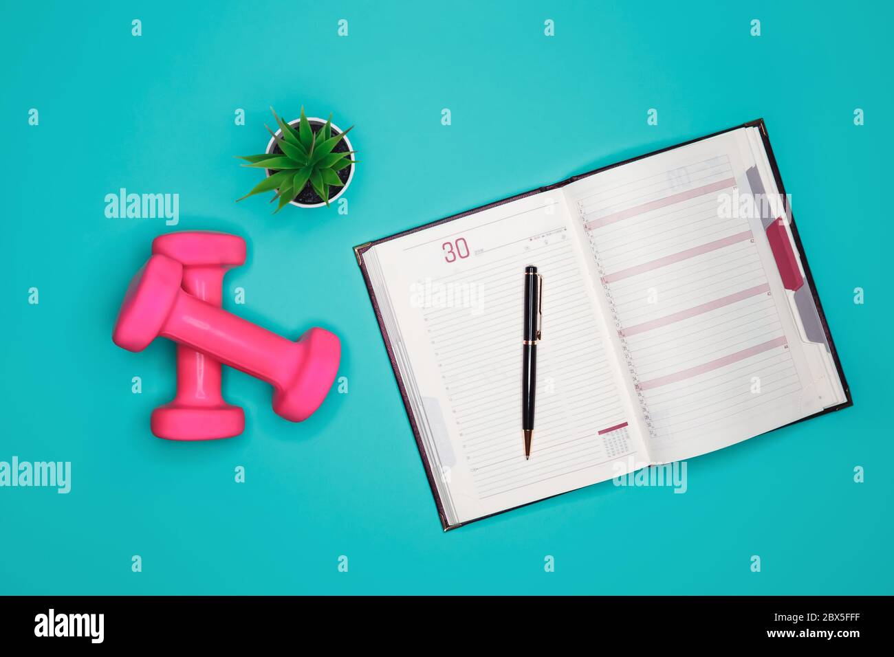 Dumbbells and a diary for recording proper nutrition physical activity ...