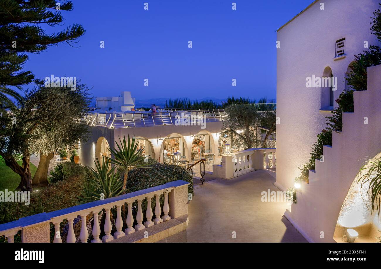 Restaurant in the grounds of the Marbella Beach Hotel, Corfu, Greece ...
