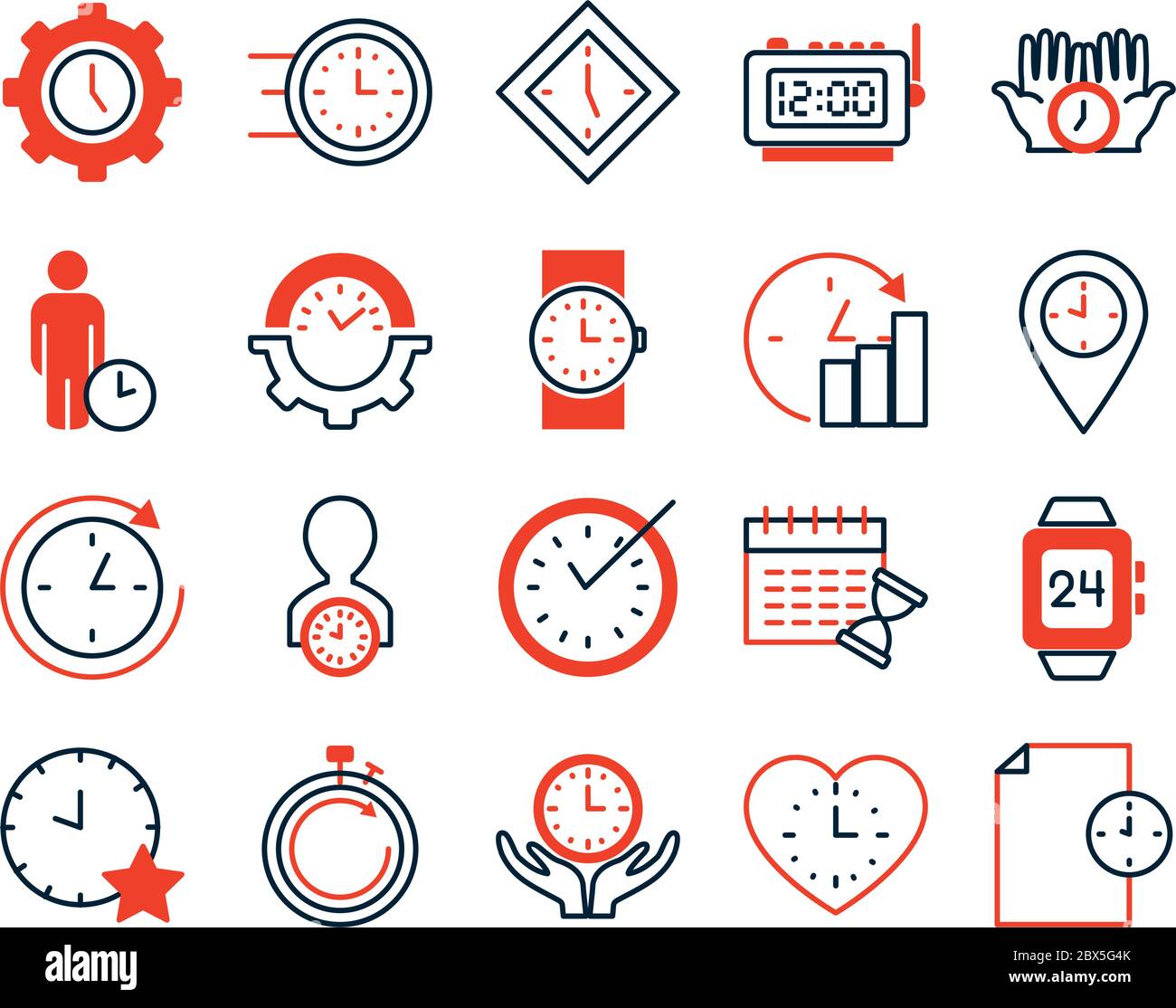 clock and time icon set over white background, half line half color ...