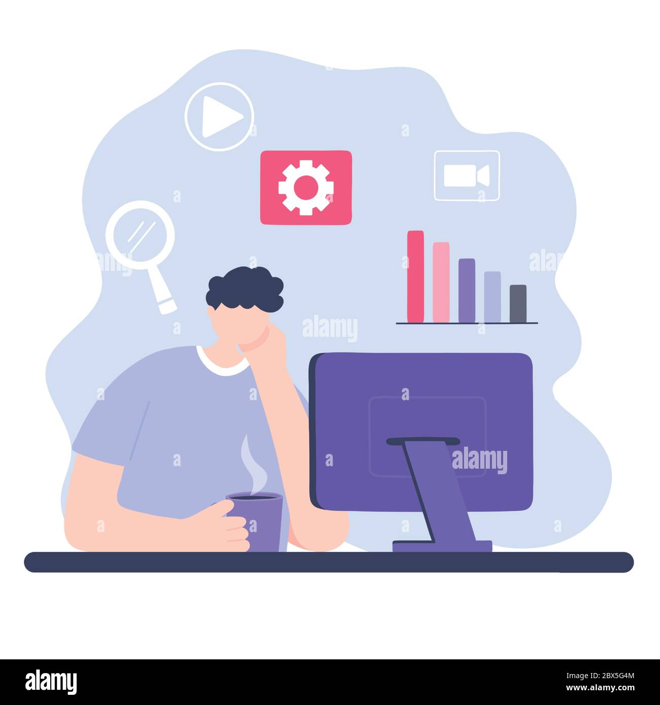 online training, boy with coffee cup and computer, courses knowledge ...