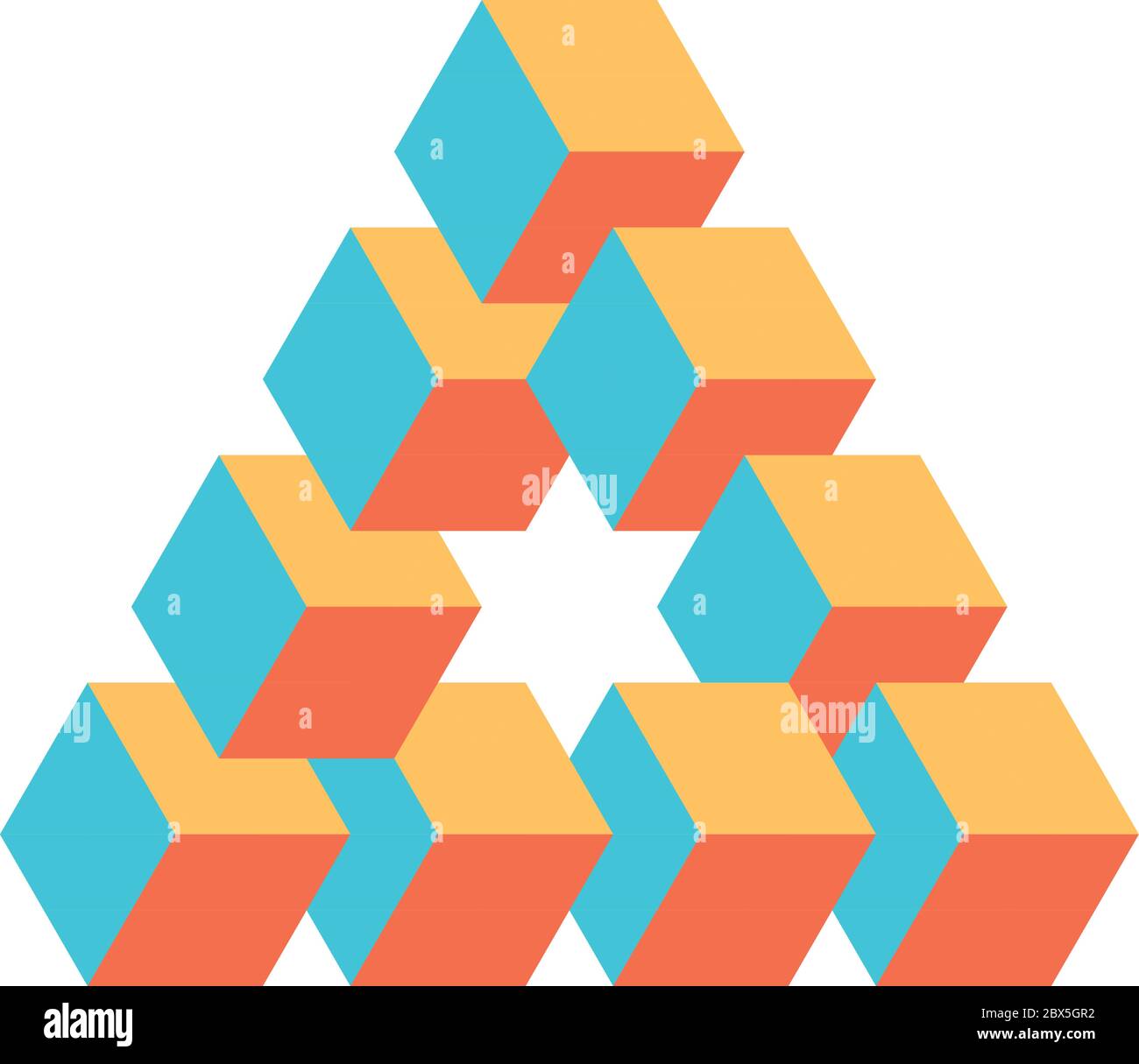 Impossible triangle in three different colors. Cubes arranged as ...