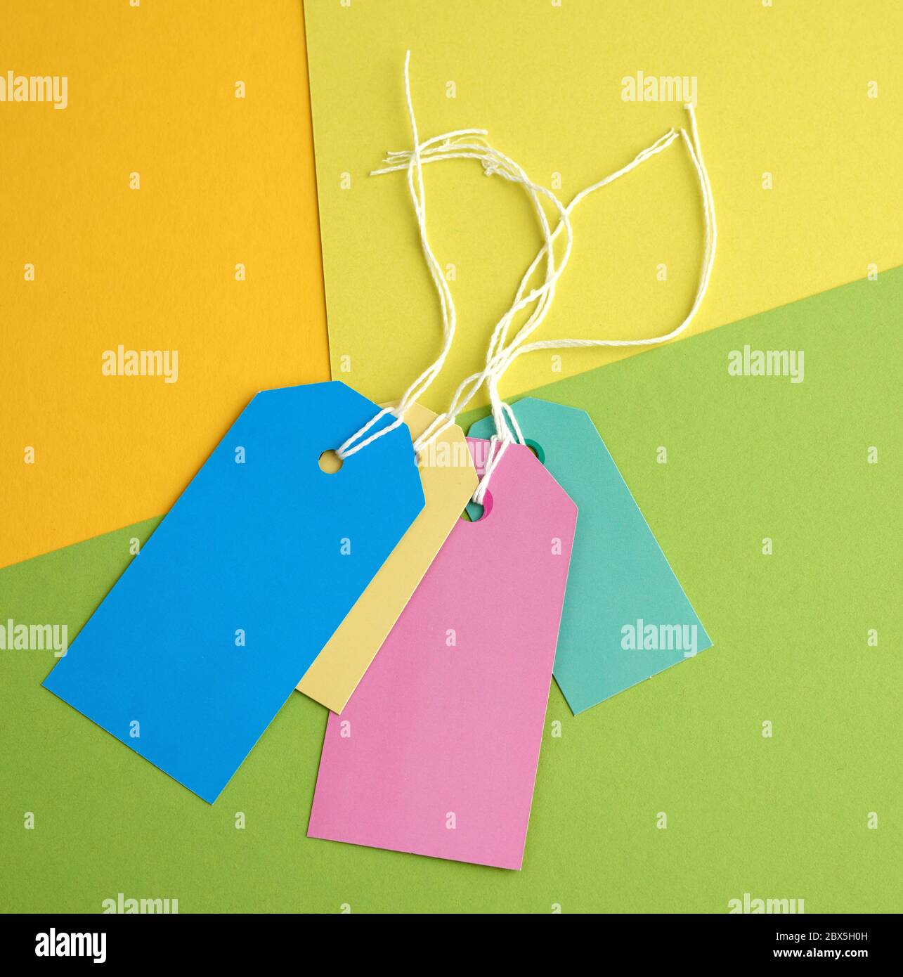 paper rectangular tags on a rope on a colored background, flat lay ...