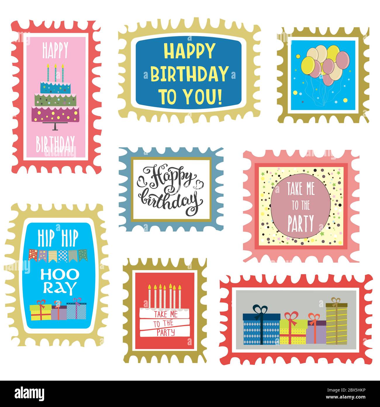 happy birthday mark set,hand drawn cards isolated on white background ...