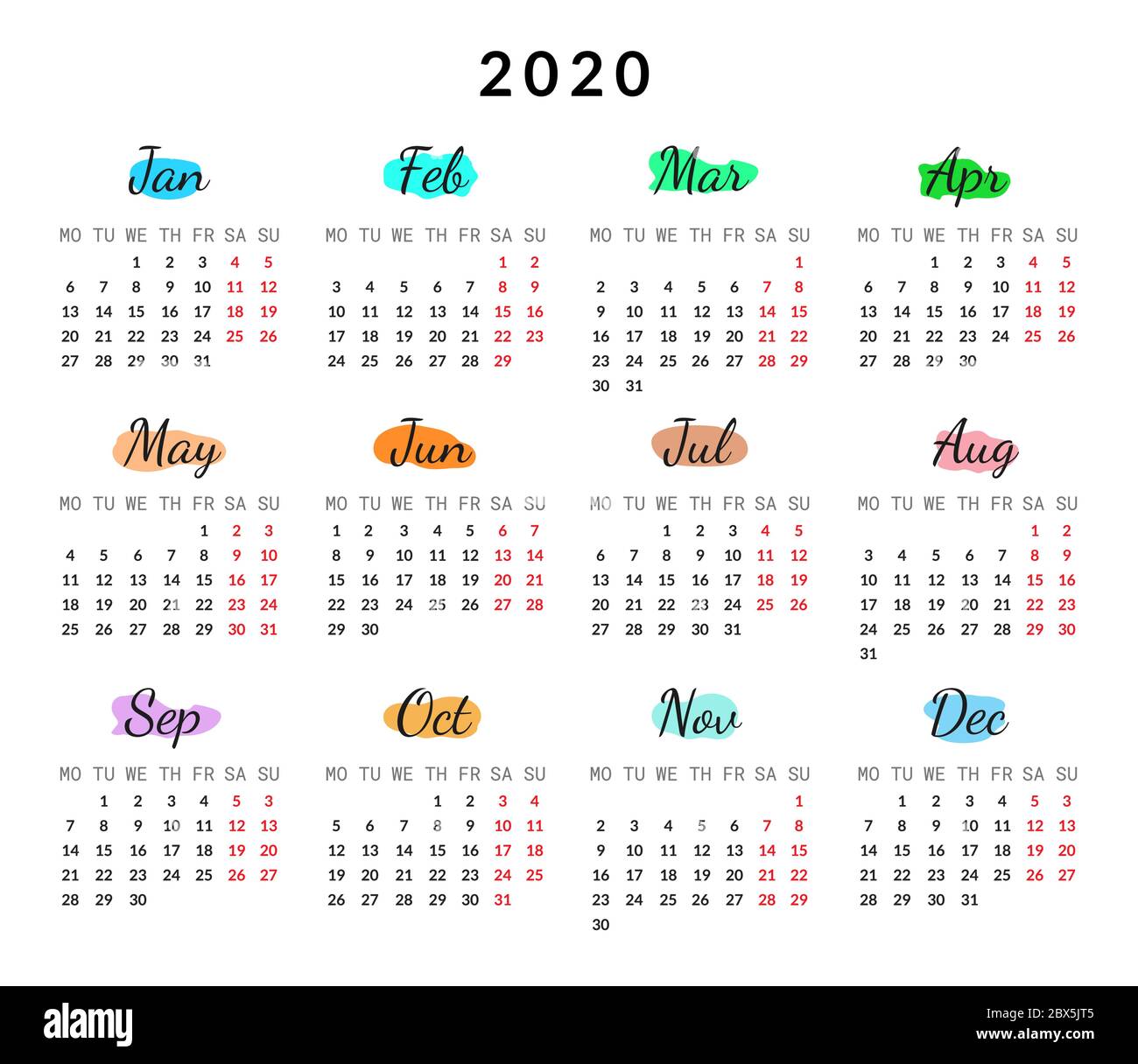 2020 year calendar cards isolated on dark background vector ...
