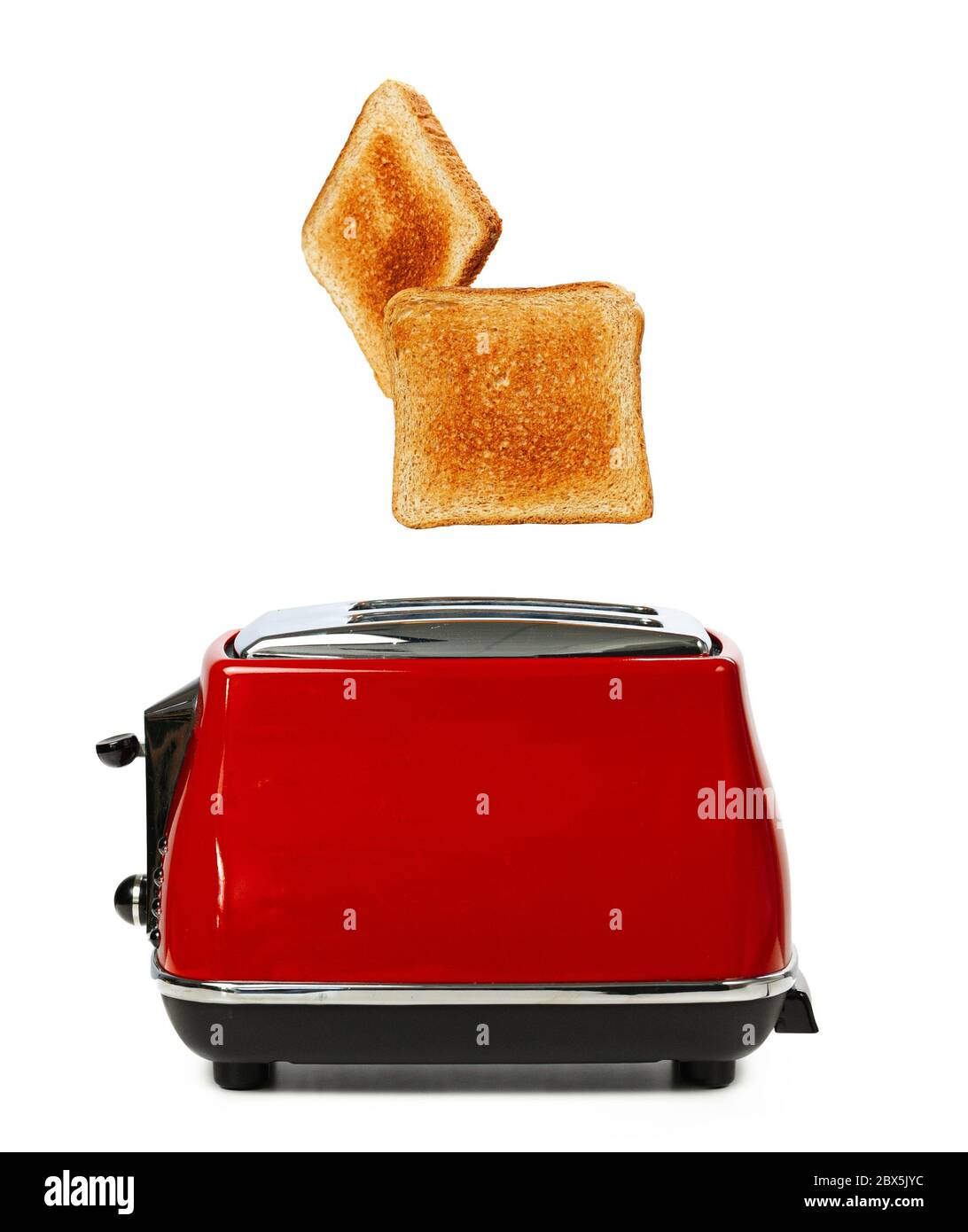 Two toasts jumping out of red toaster against white background Stock ...